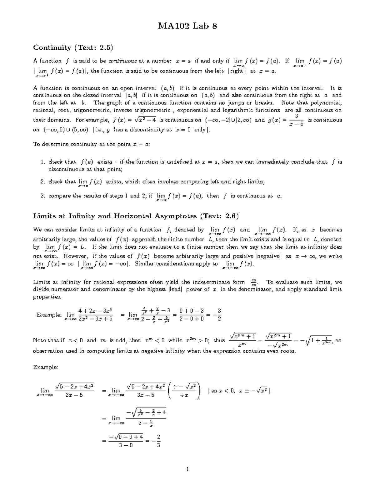 102lab8prep - labprep - MA102 Lab 8 Continuity (Text: 2) A function f ...
