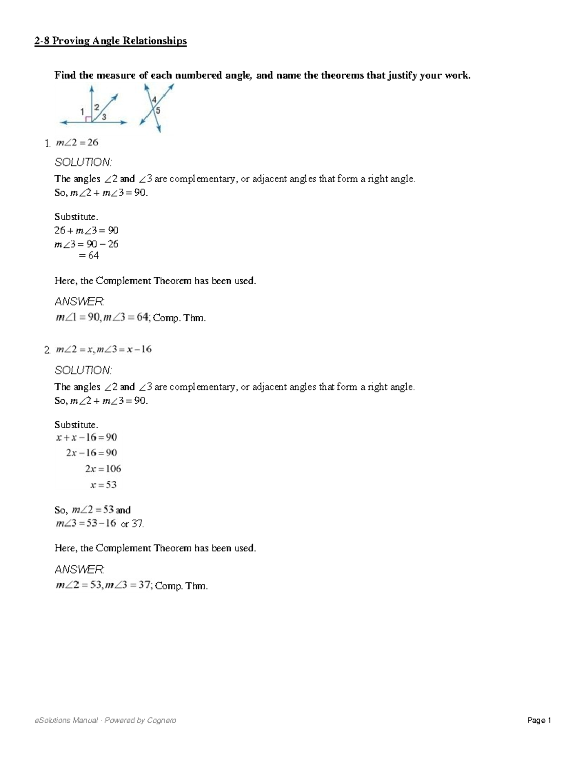 2-8 proving angle relationships - Find the measure of each numbered angle, and name the theorems ...