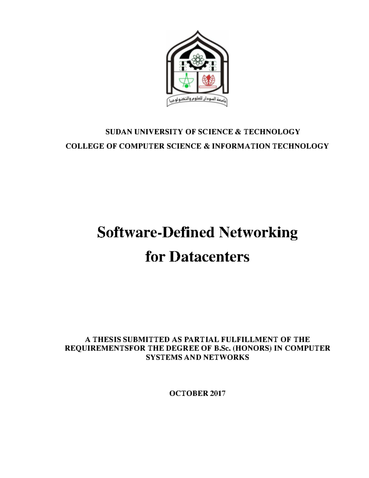 Software Defined Networking for Datacent - SUDAN UNIVERSITY OF SCIENCE & TECHNOLOGY COLLEGE OF ...