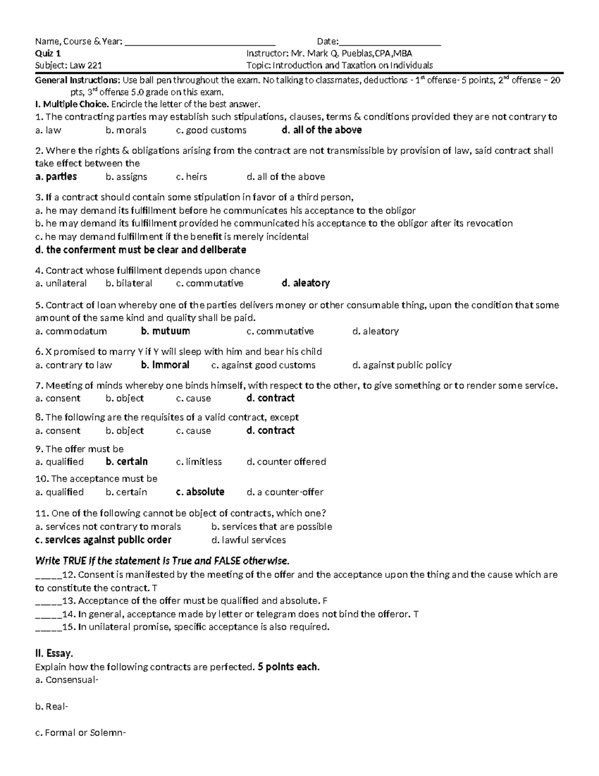 Law Quiz1 - Name, Course & Year: _______________________________ Date