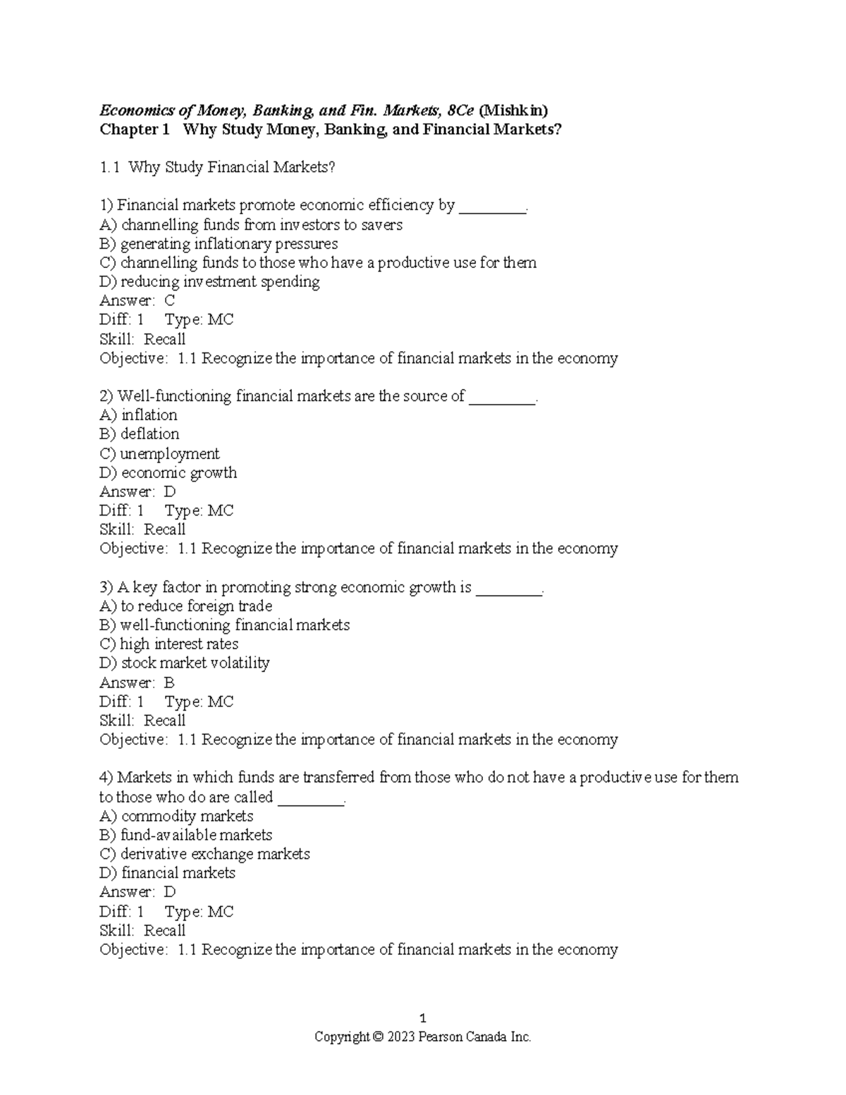 Chapter 1 - practice questions - Economics of Money, Banking, and Fin ...