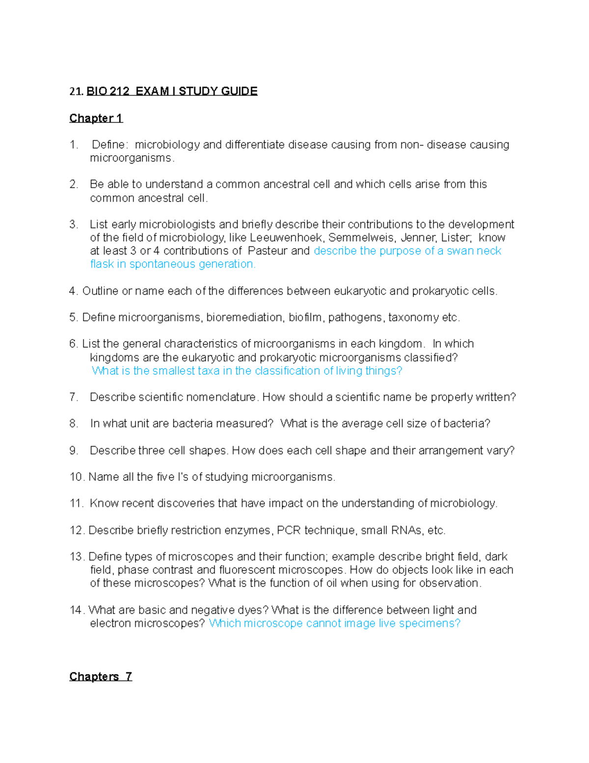 BIO212Ex IStudy G 2021N-1 - 21. BIO 212 EXAM I STUDY GUIDE Chapter 1 Define: microbiology and ...
