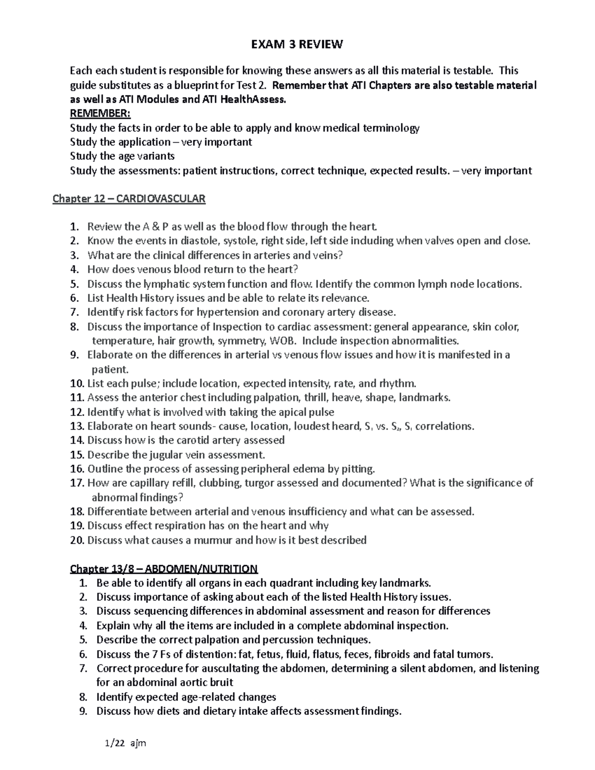 Study Guide for Exam 3 - EXAM 3 REVIEW Each each student is responsible ...