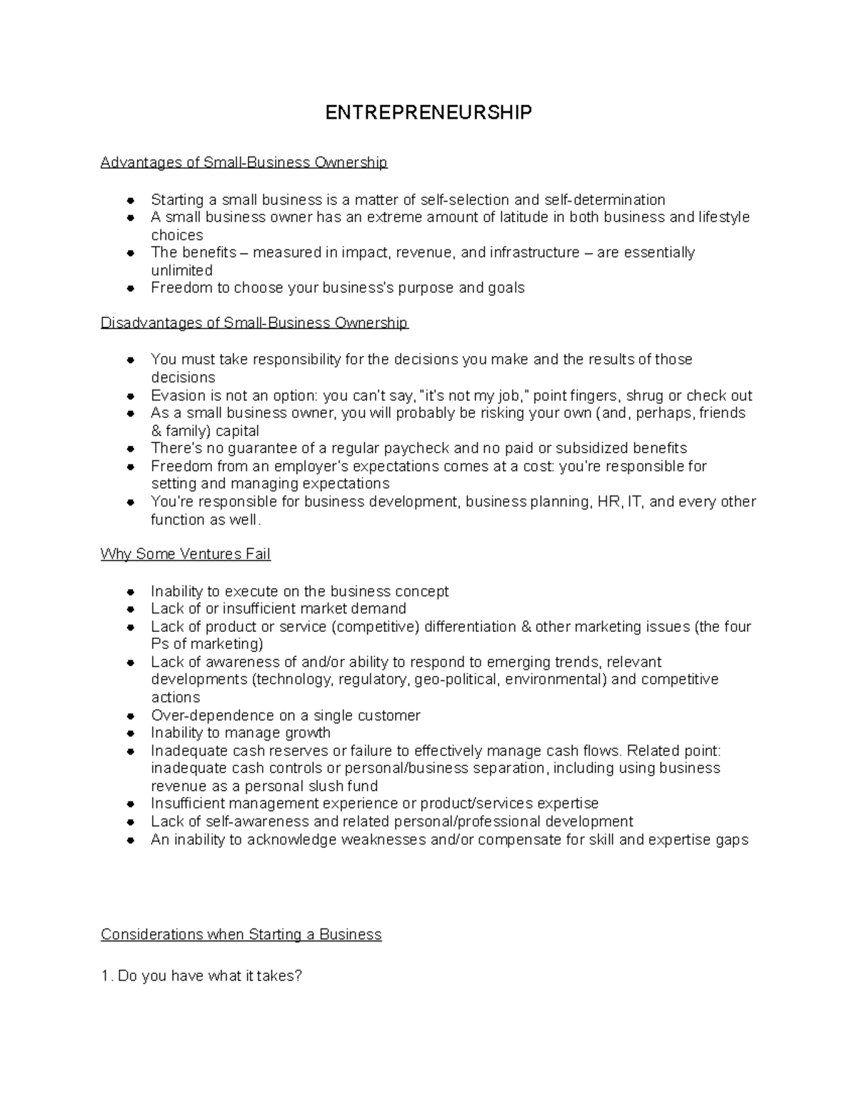 Intro to Business Chapter 8 Part 2 Notes - ENTREPRENEURSHIP Advantages ...