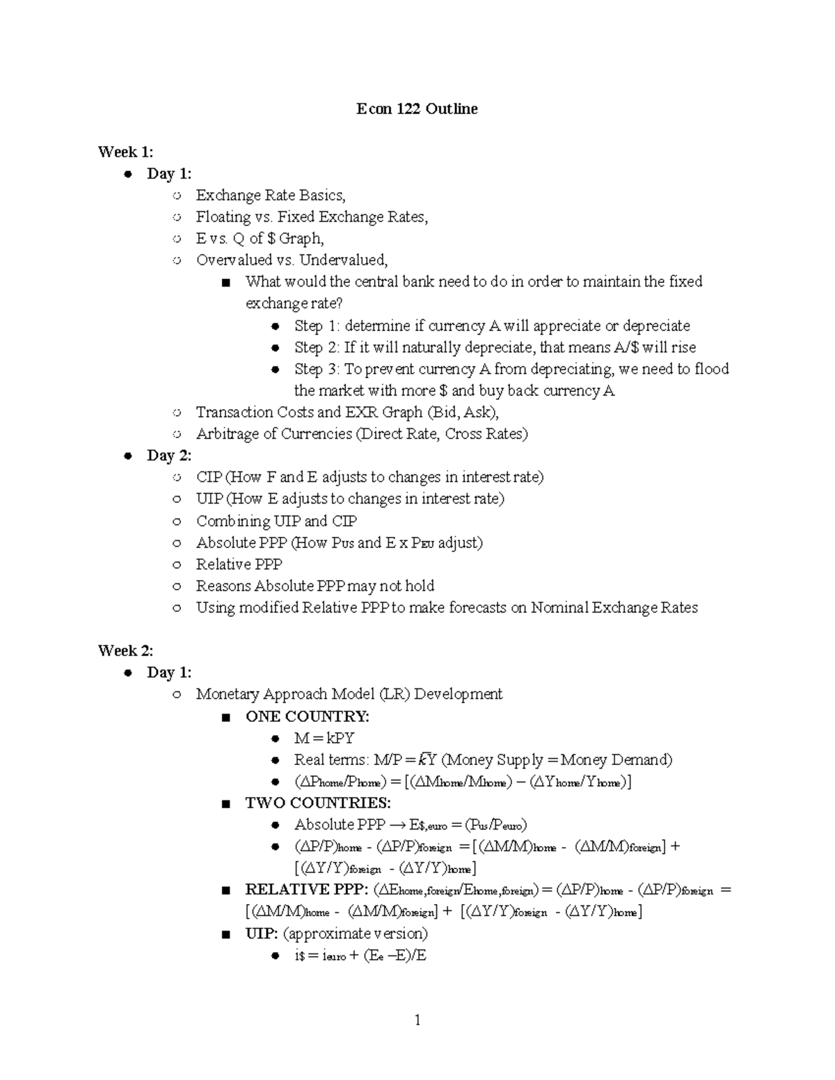 Econ 122 Outline - Summary International Finance - Econ 122 Outline ...