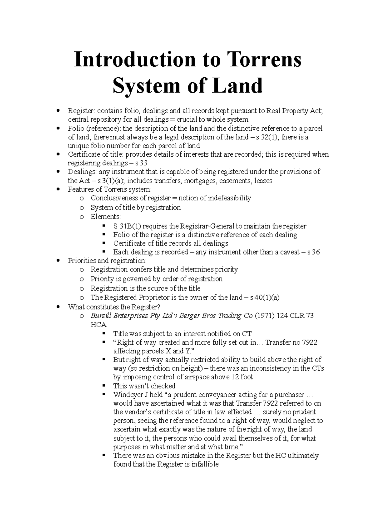 Property exam notes - Introduction to Torrens System of Land Register ...
