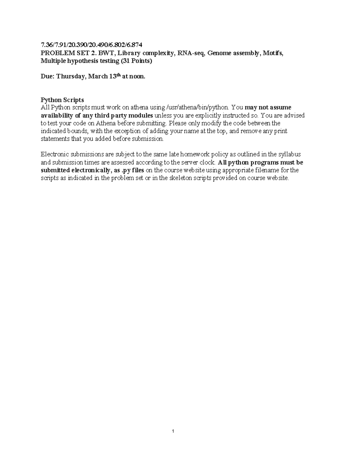 Seminar assignments Problem set 2 with solutions - 7.36/7.91/20.390/20. ...