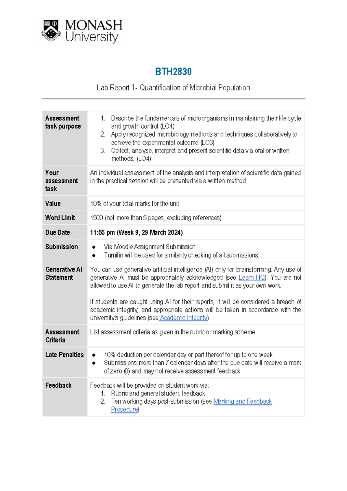 BTH2830 Lab Report 1 Task Sheet - BTH Lab Report 1- Quantification of ...