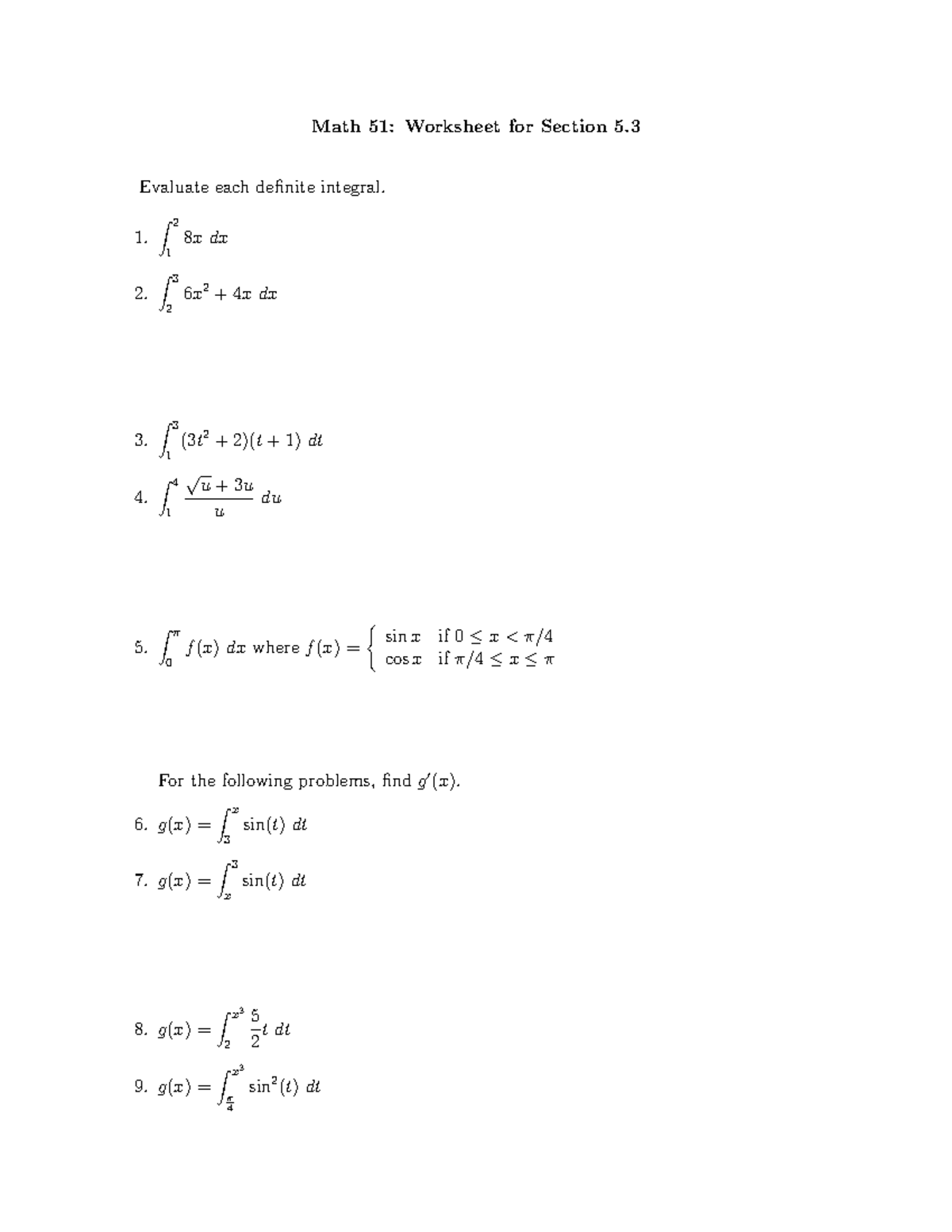 F2022 worksheet 5 3 - Math 51: Worksheet for Section 5. Evaluate each ...