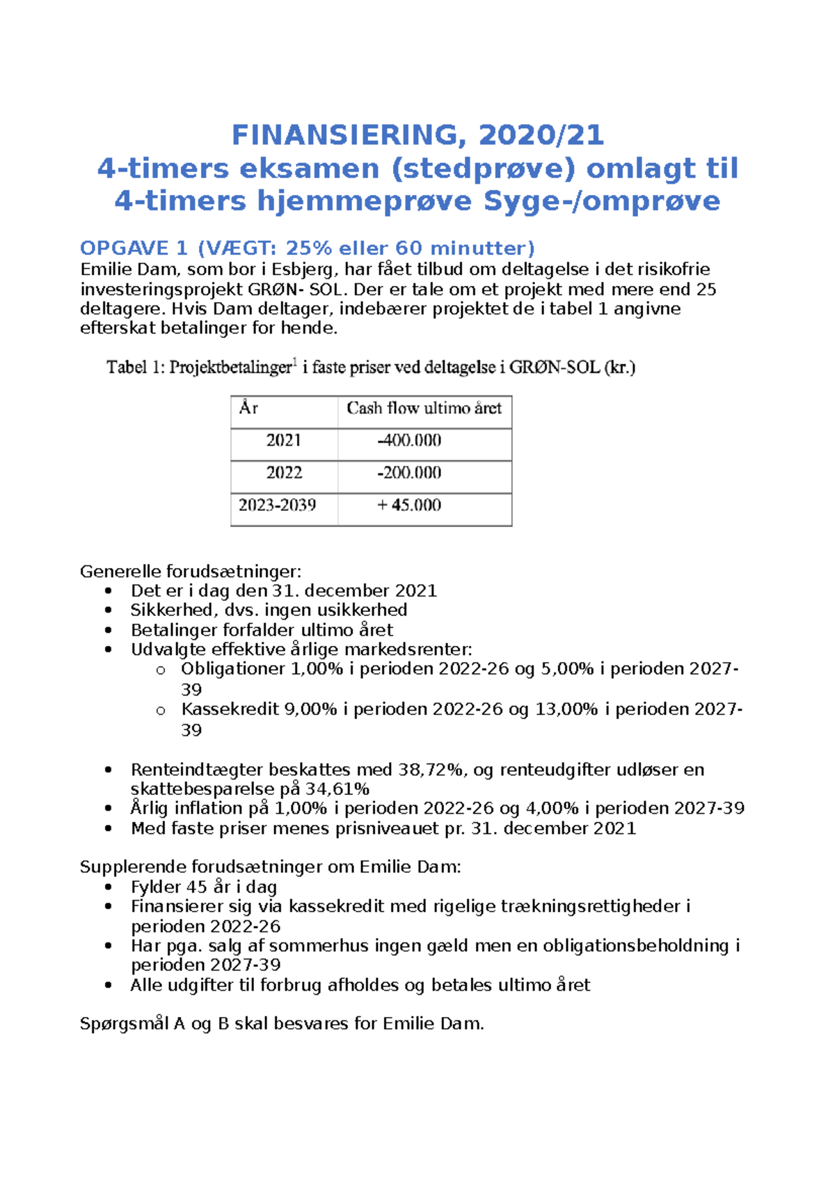 Sygeprøve 2021 - Re-eksamen afsluttende for 2021 med besvarelse - FINANSIERING, 2020/ 4-timers ...