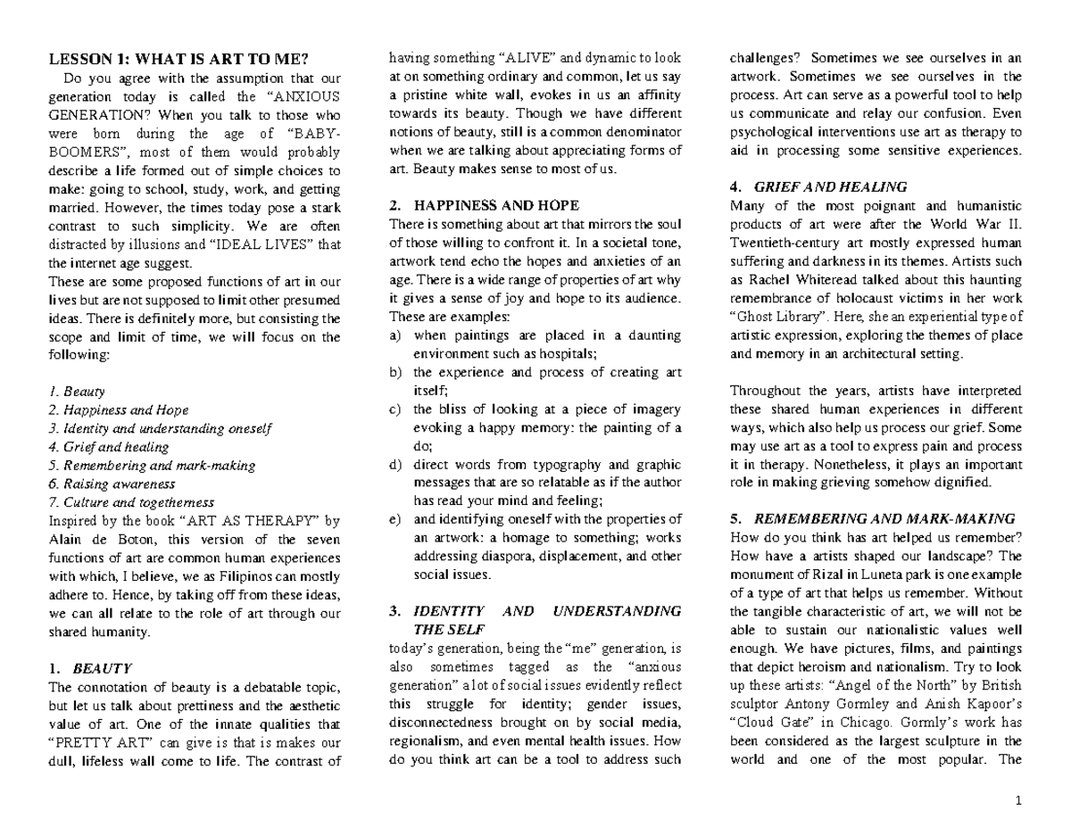 Lesson 1 4 Book Report PPT based - LESSON 1: WHAT IS ART TO ME? Do you ...