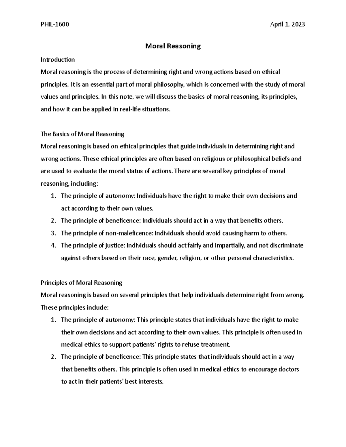 Moral Reasoning - PHIL-1600 April 1, 2023 Moral Reasoning Introduction ...