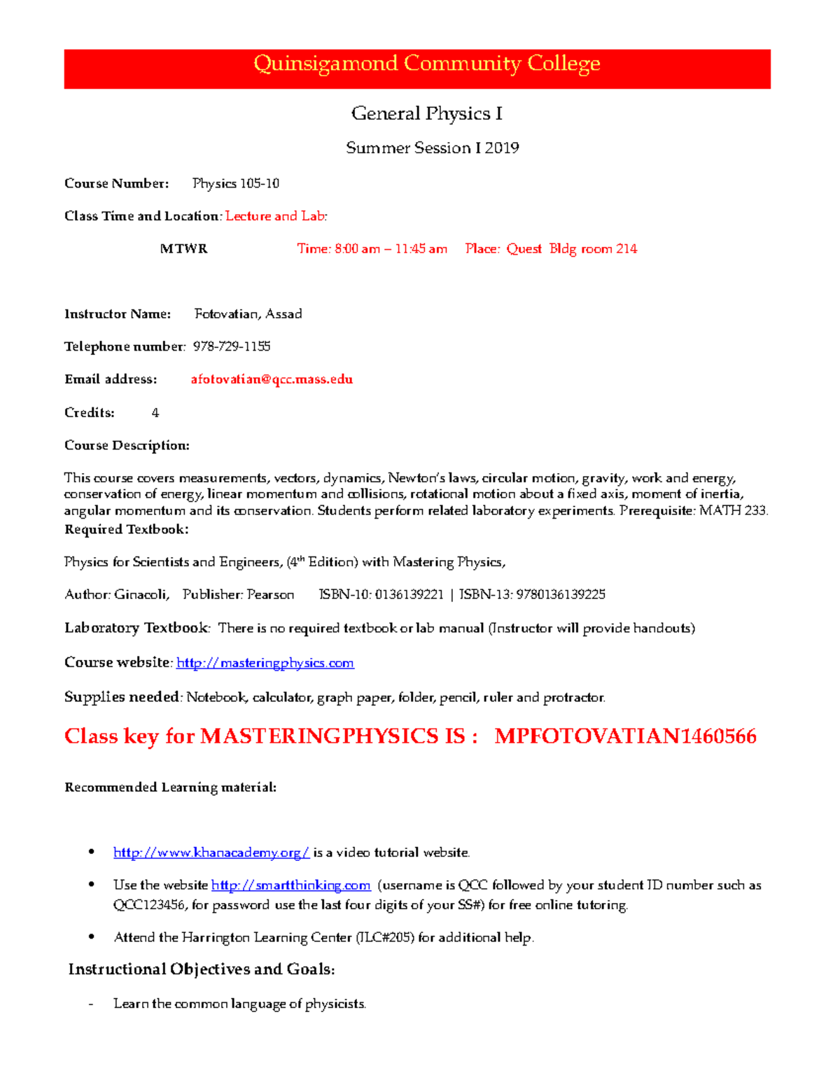 general physics - Quinsigamond Community College General Physics I ...