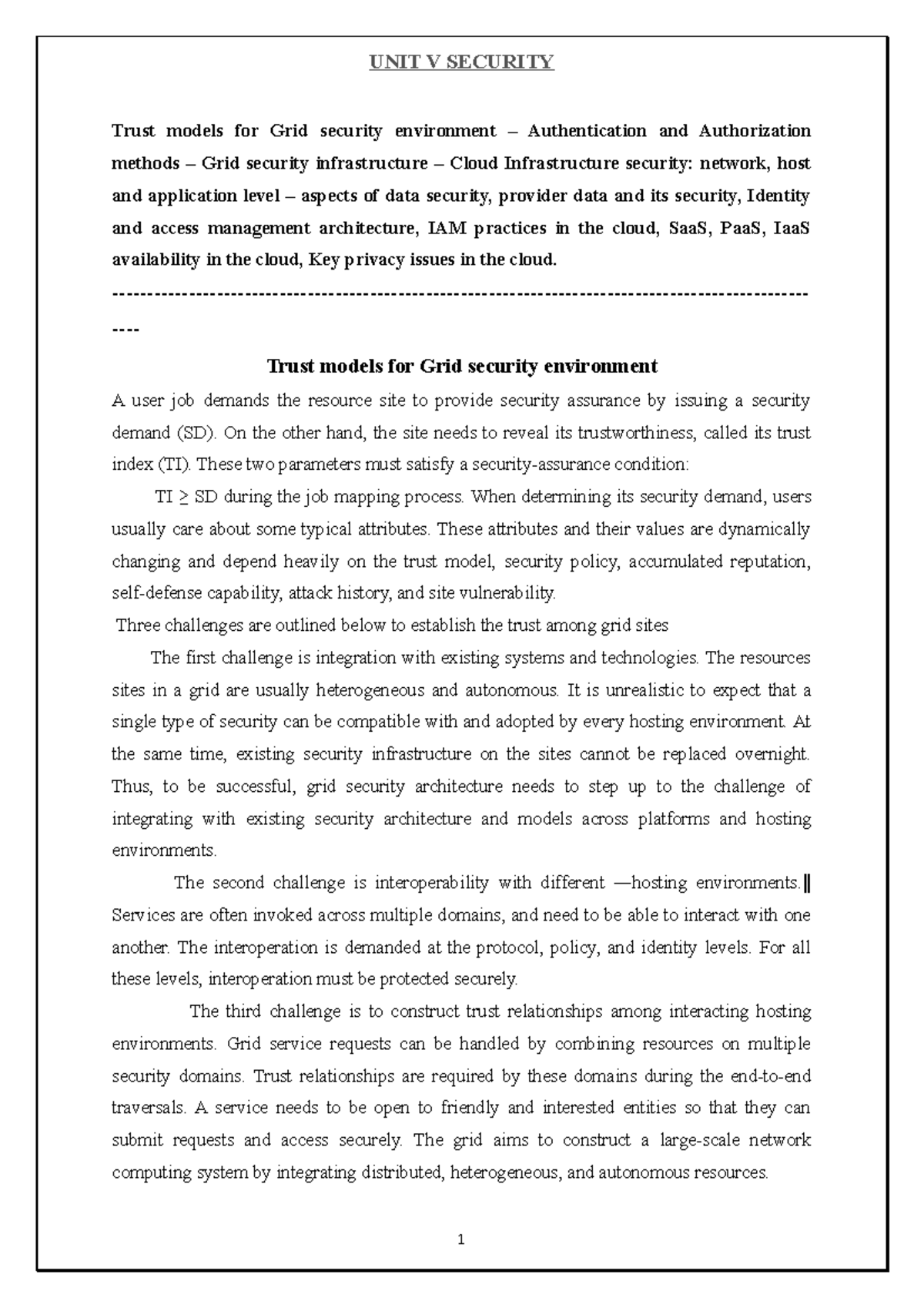 Unit - 5 - mkmkmkmk - UNIT V SECURITY Trust models for Grid security environment ...