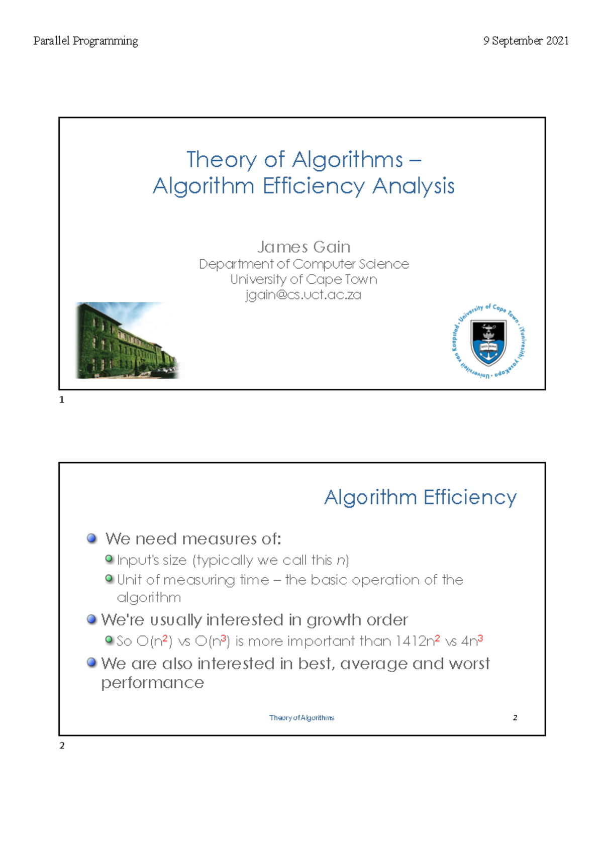 TOA2 Efficiency - Lecture notes - Theory of Algorithms – Algorithm ...