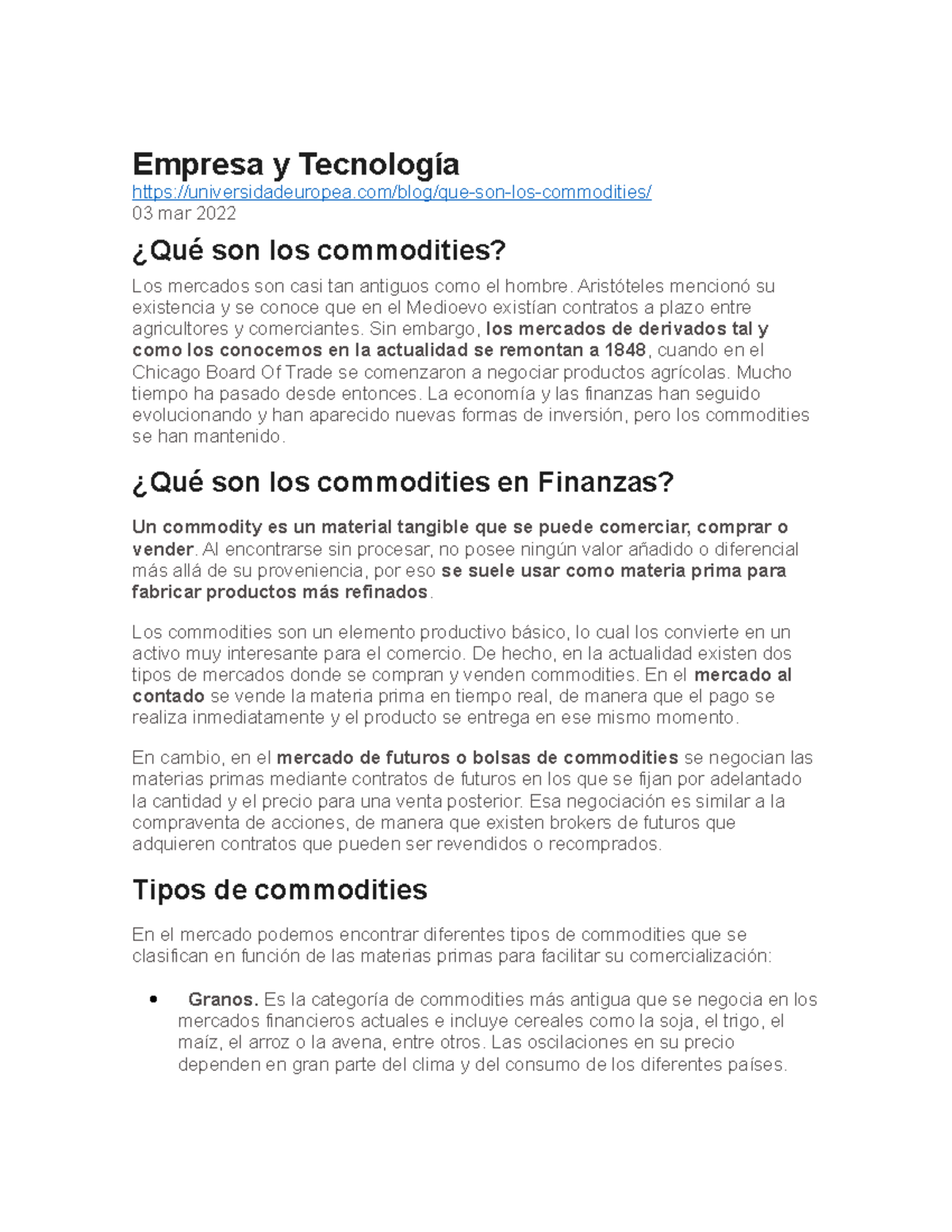 Commodities. Definición y Tipos OK - Empresa y Tecnología - Studocu