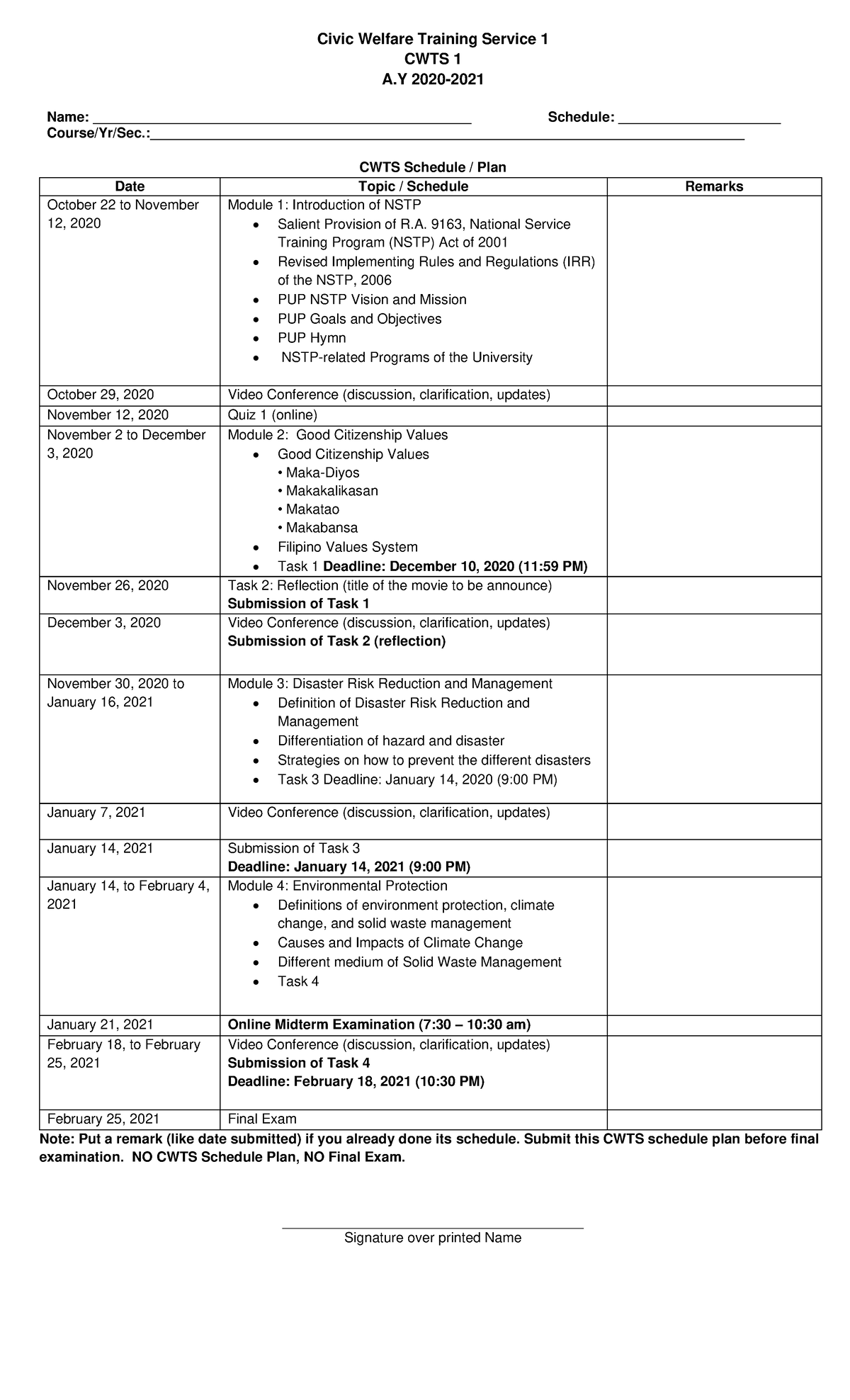CWTS Schedule-Plan-Edited - Civic Welfare Training Service 1 CWTS 1 A ...