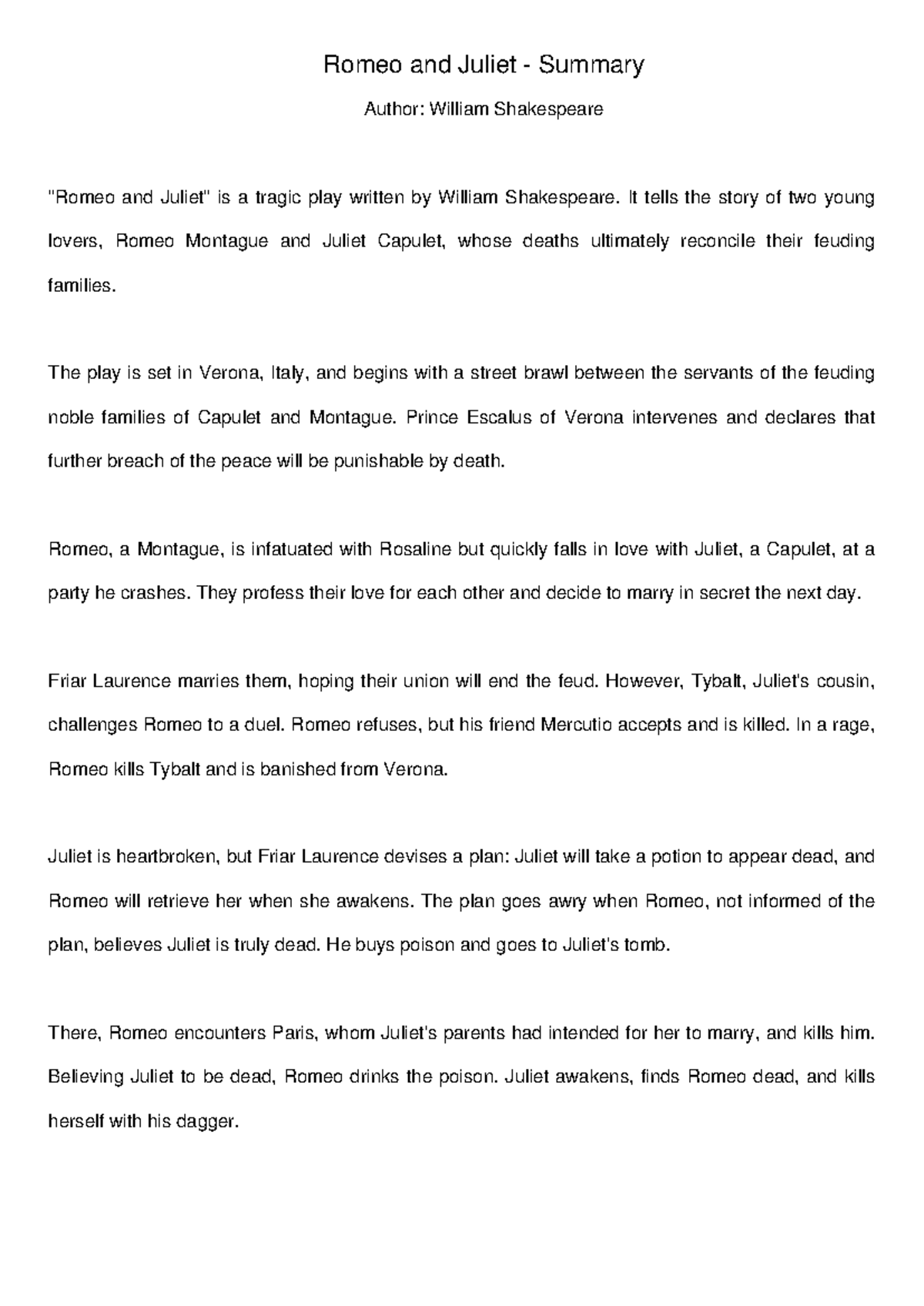 Romeo and Juliet Summary - Romeo and Juliet - Summary Author: William ...