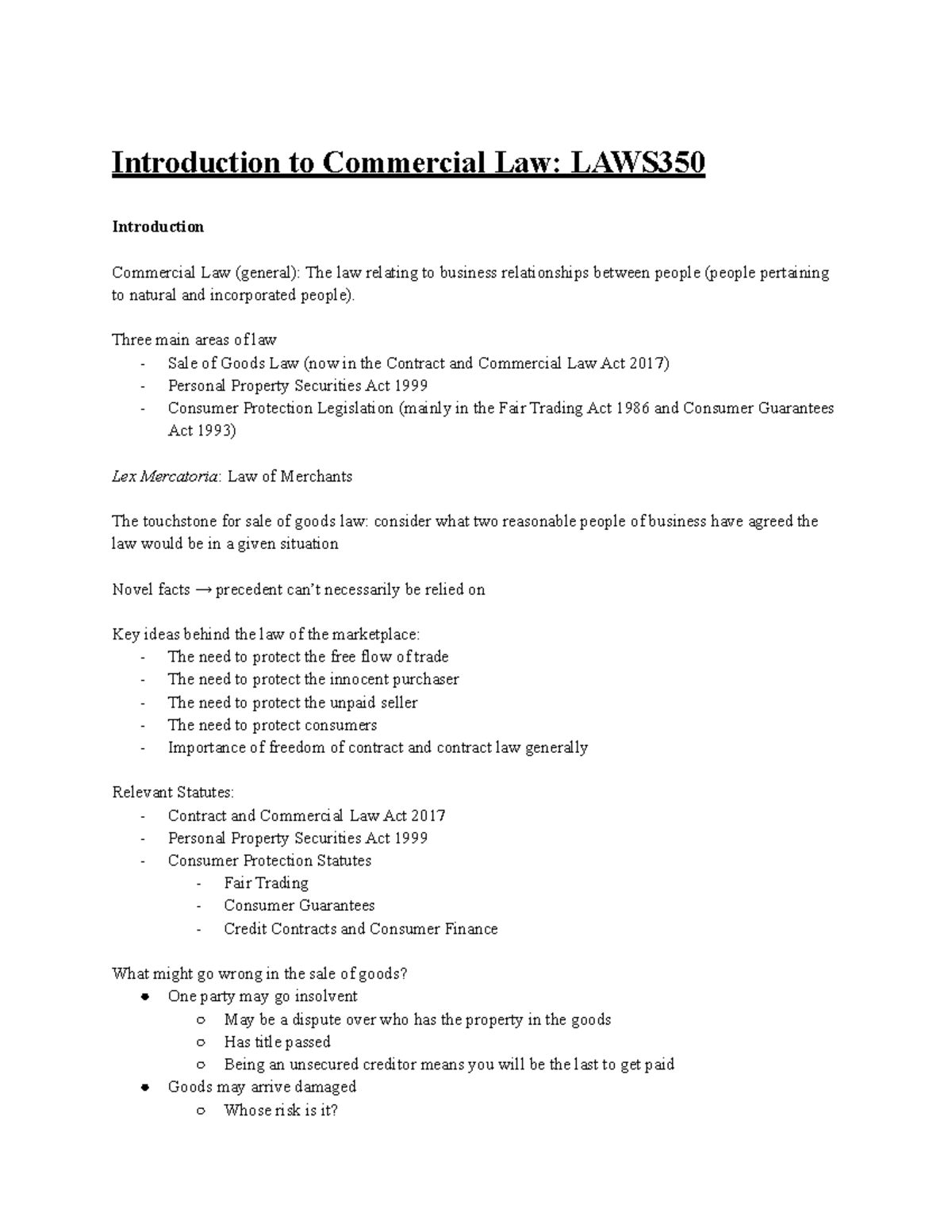 Commercial Law Notes - Introduction to Commercial Law: LAWS ...