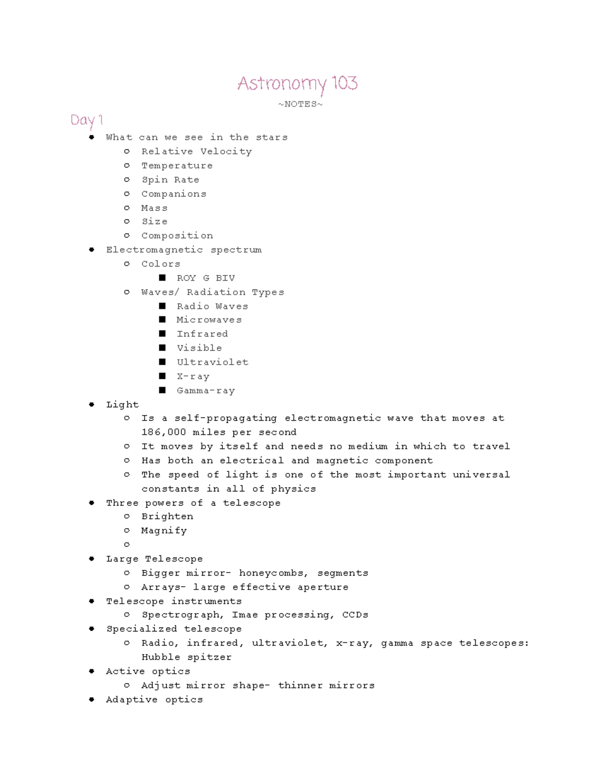 Astronomy 103 exam 3 notes - Astronomy 103 NOTES Day 1 What can we see ...