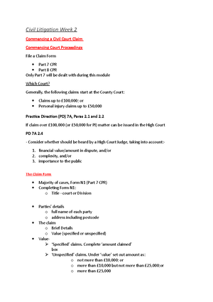 CL consolidation notes week 1 - Civil Litigation Week 1 Nature of Civil ...