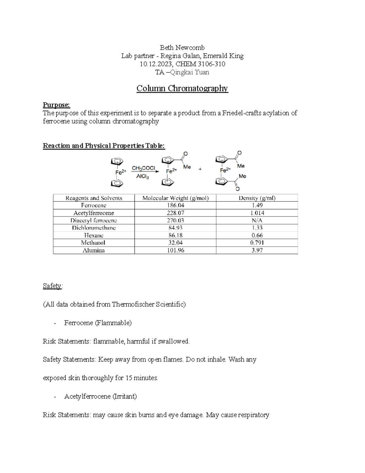 Chem 3106 Lab #6 - lab 6 ochem 2 - Beth Newcomb Lab partner - Regina ...