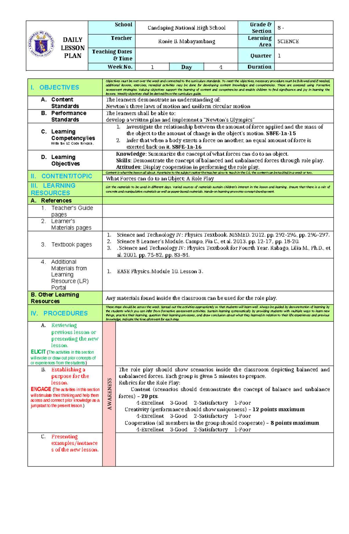 lesson plan in science quarter one week one day one junior high grade eight - DAILY LESSON PLAN ...