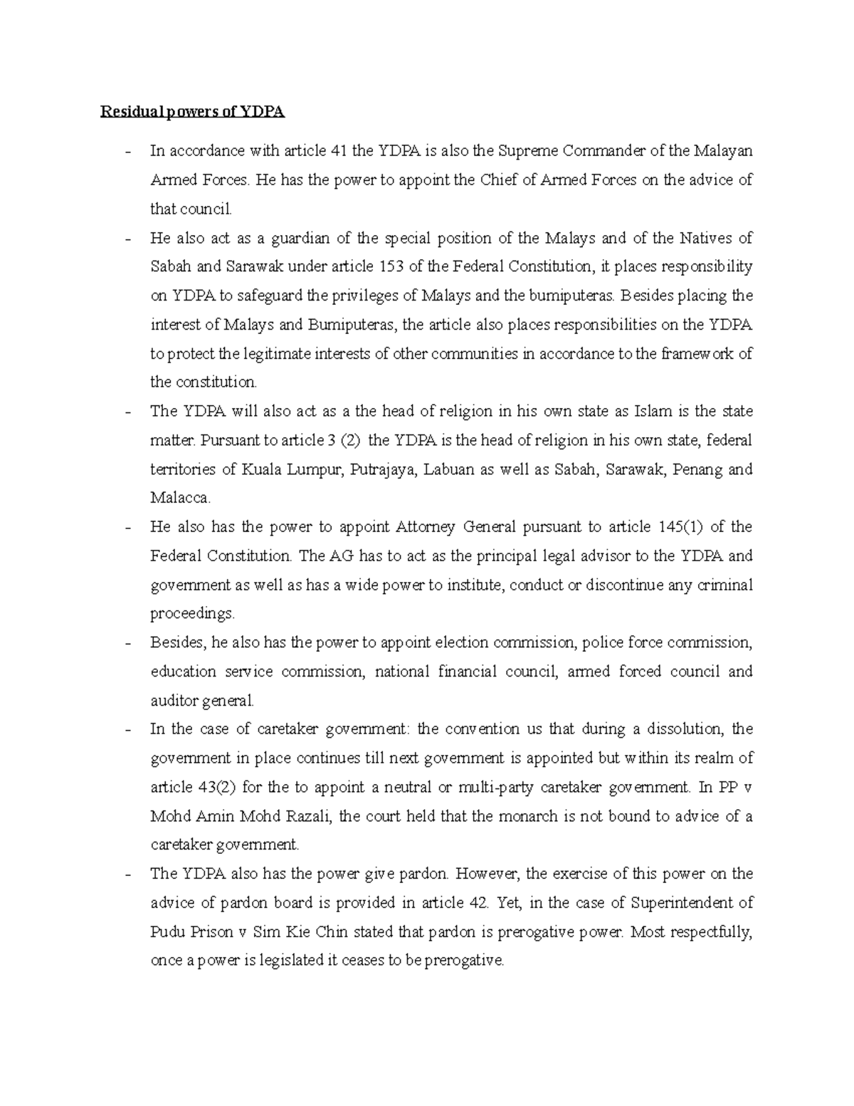 Notes Tutorial 1 On Constitutional Law I Residual Powers Of Ydpa In Accordance With Article 