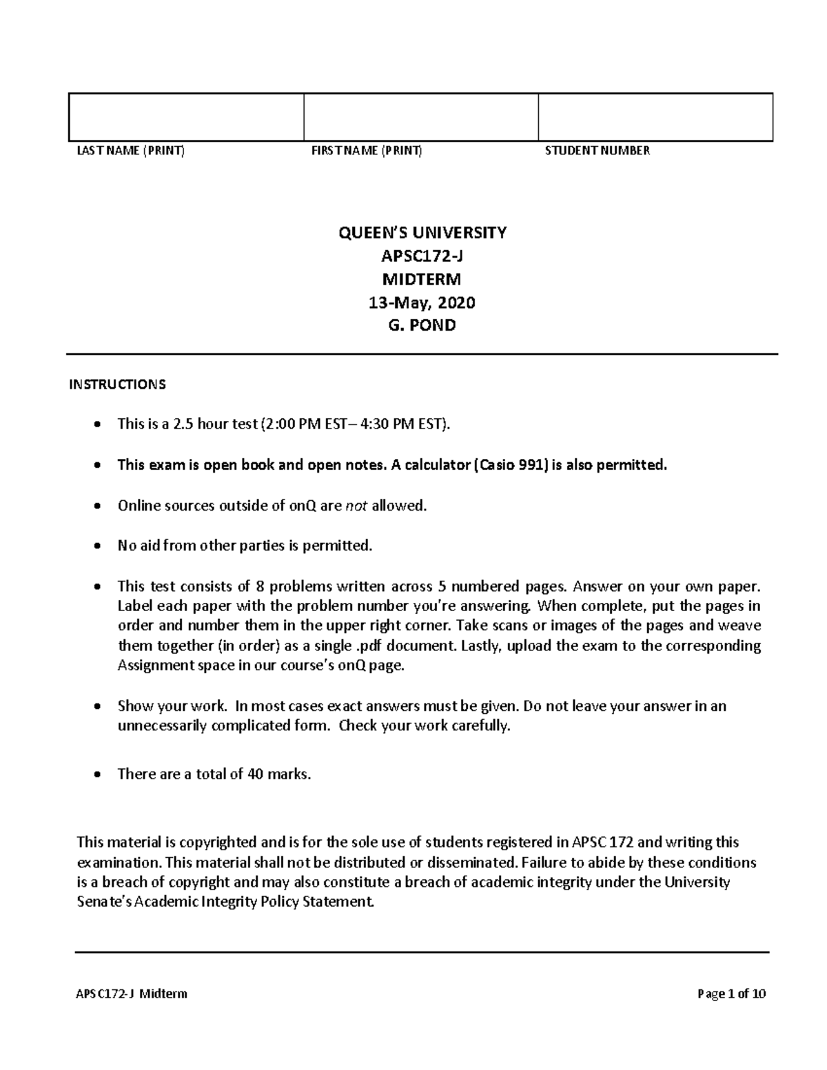 2020 172J Midterm A Solution - LAST NAME (PRINT) FIRST NAME (PRINT) STUDENT NUMBER QUEEN’S - Studocu
