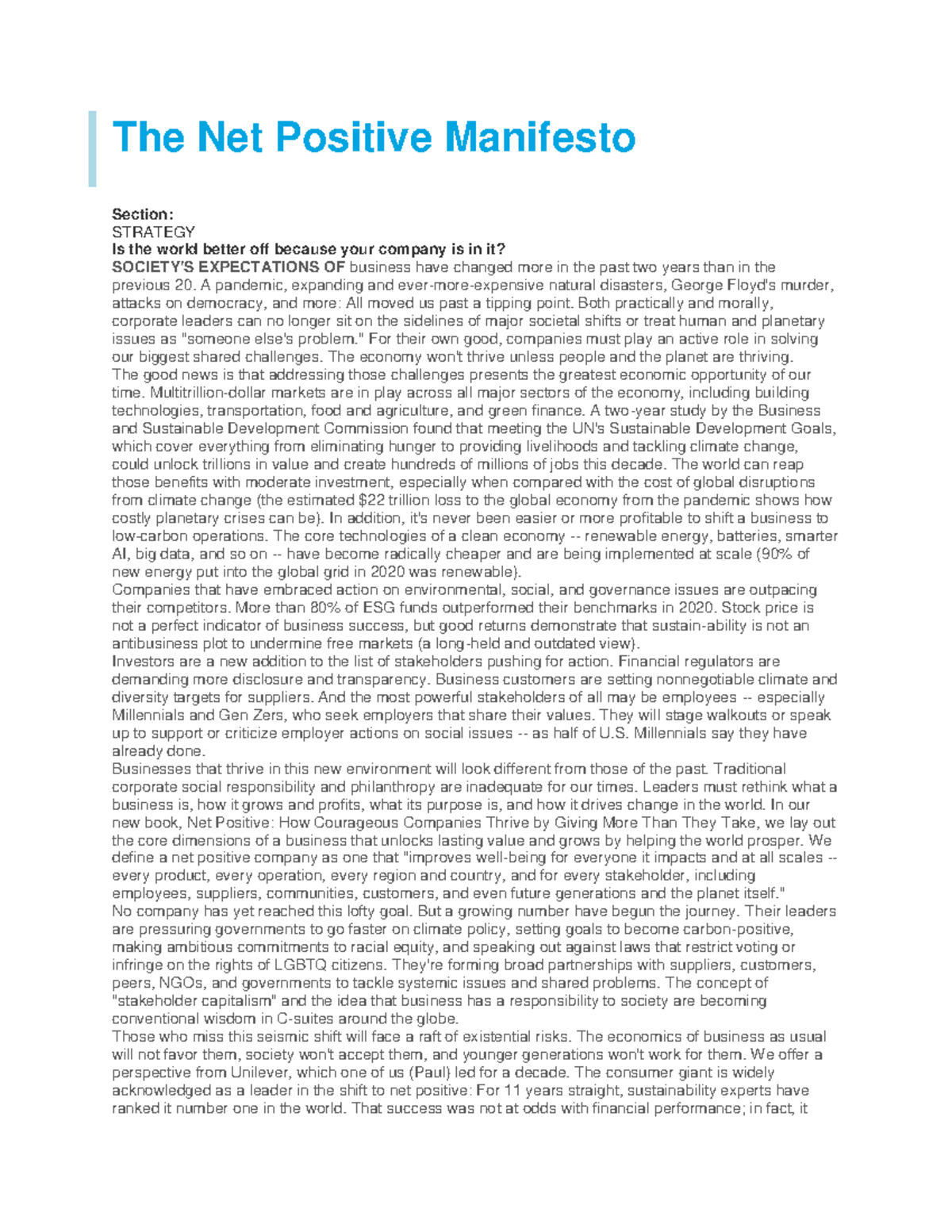 The Net Positive Manifesto - Harvard Business Review - The Net Positive ...