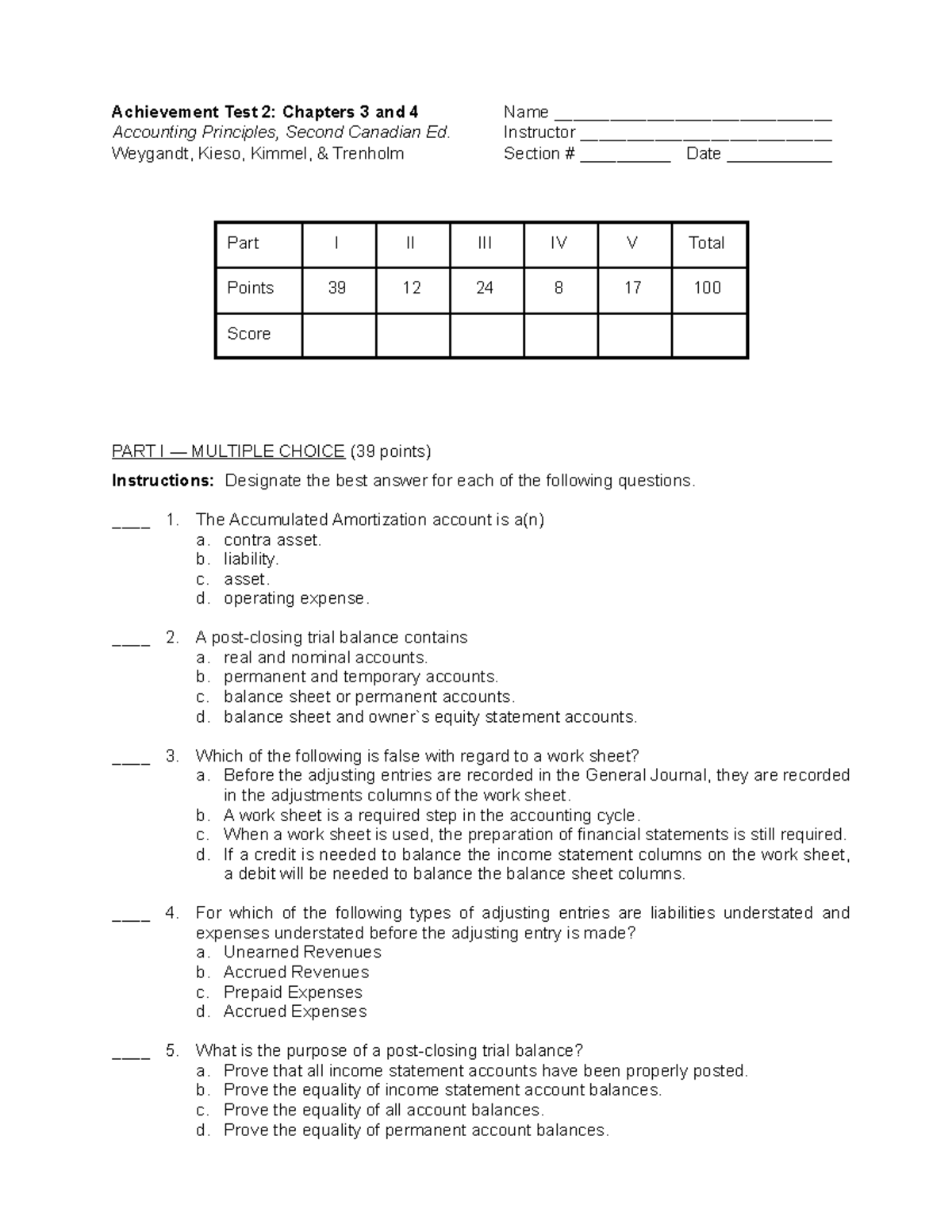 Achieve Test 2 - Accounting test chapter 2 - Achievement Test 2 ...