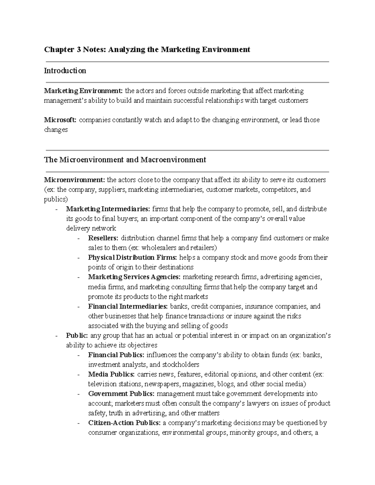Chapter 3 Notes - Chapter 3 Notes: Analyzing the Marketing Environment ...