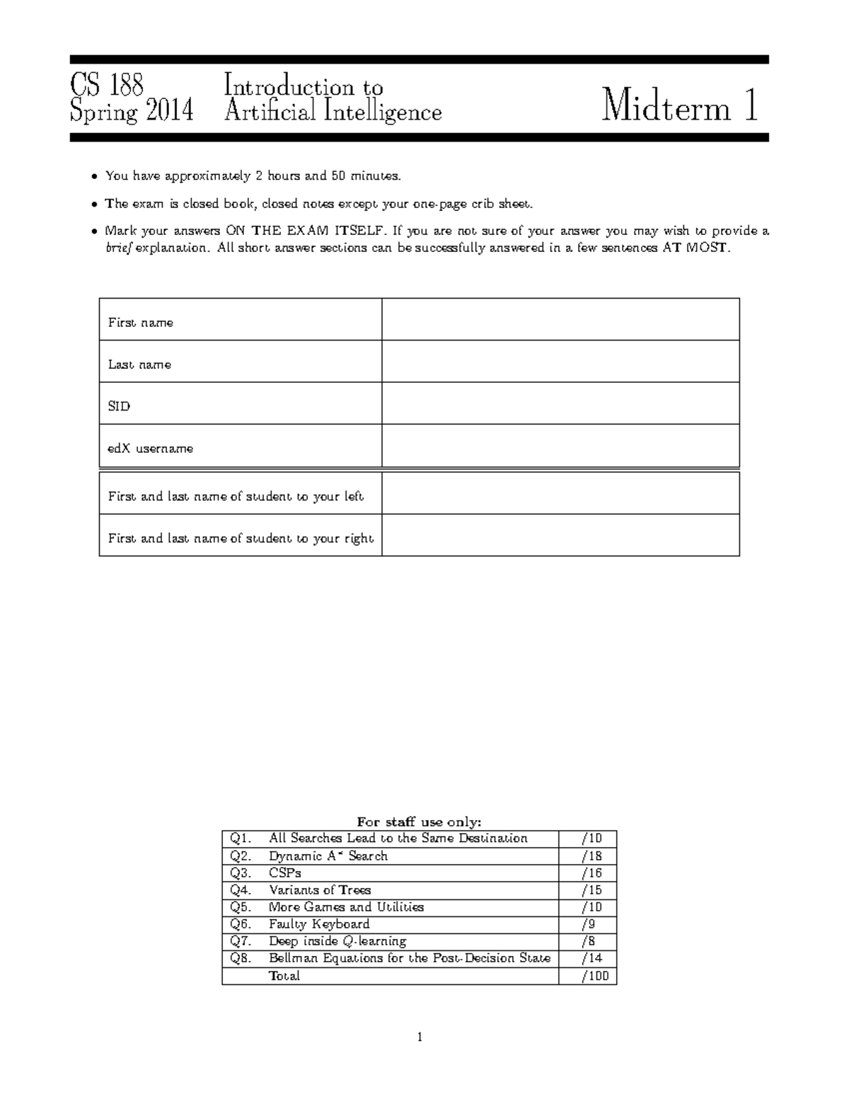 Sp14 midterm 1 solutions - CS 188 Spring 2014 Introduction to Artificial Intelligence Midterm 1 ...
