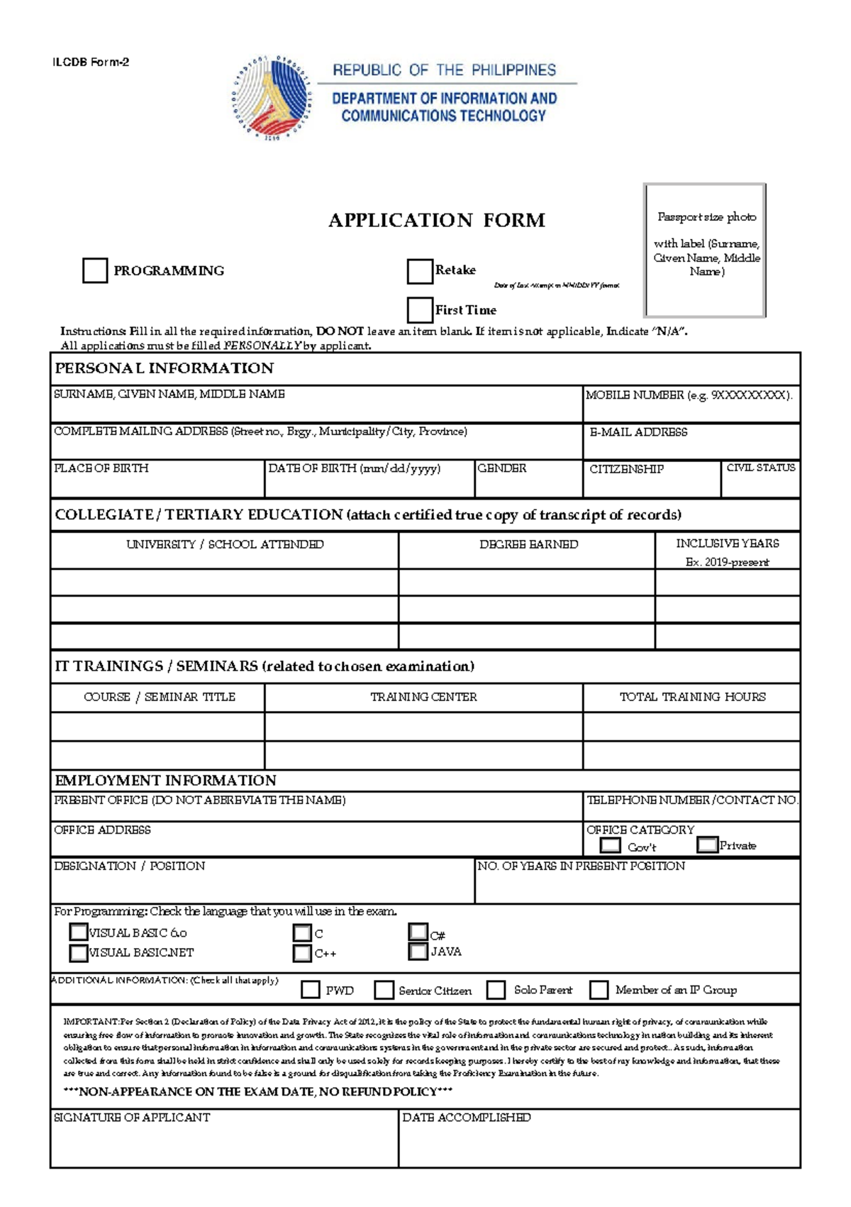 Application Form Programming (fillable) nv2024 - ILCDB Form- 2 APPLICATION FORM PROGRAMMING ...