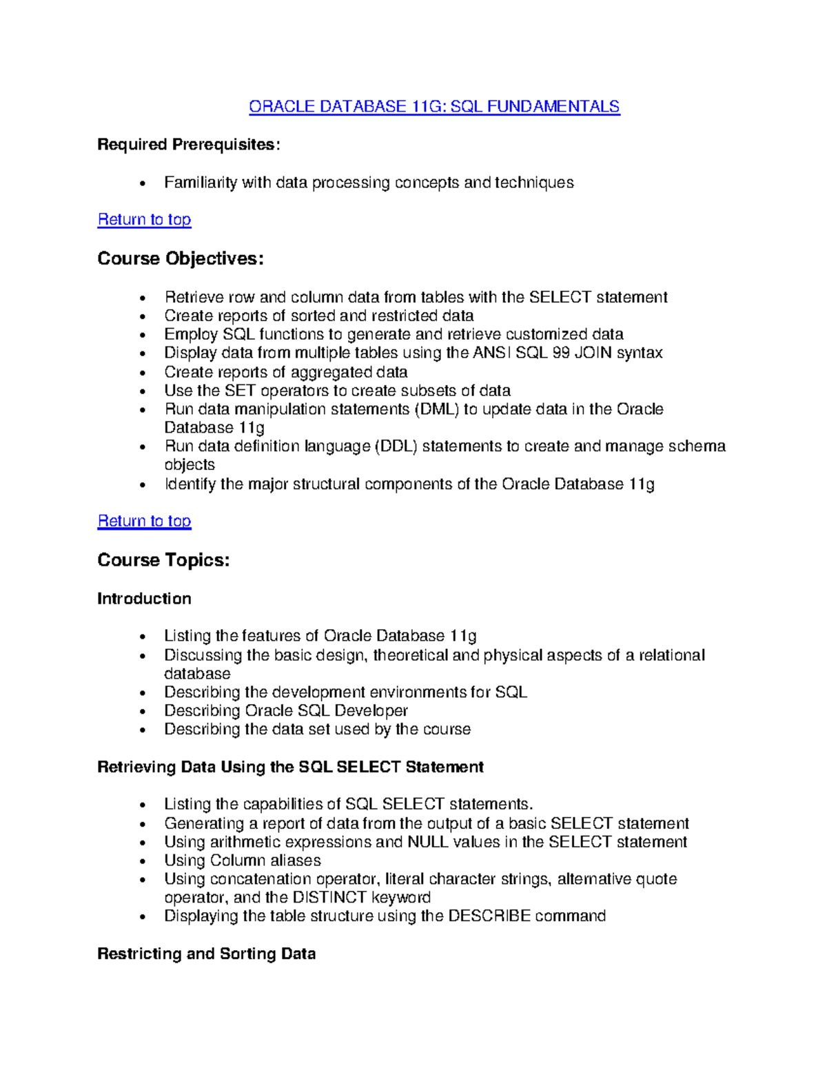 Temario Oracle 11 G Oracle Database 11g Sql Fundamentals Required 8863