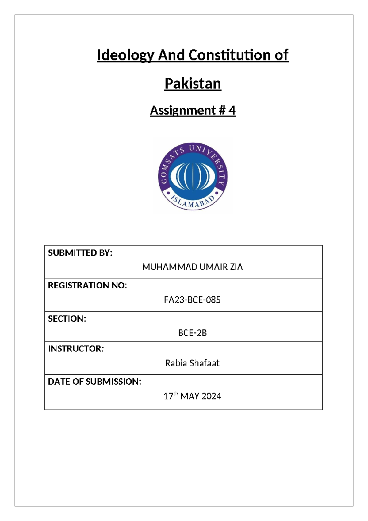 Assignment-4 - Ideology And Constitution of Pakistan Assignment # 4 ...