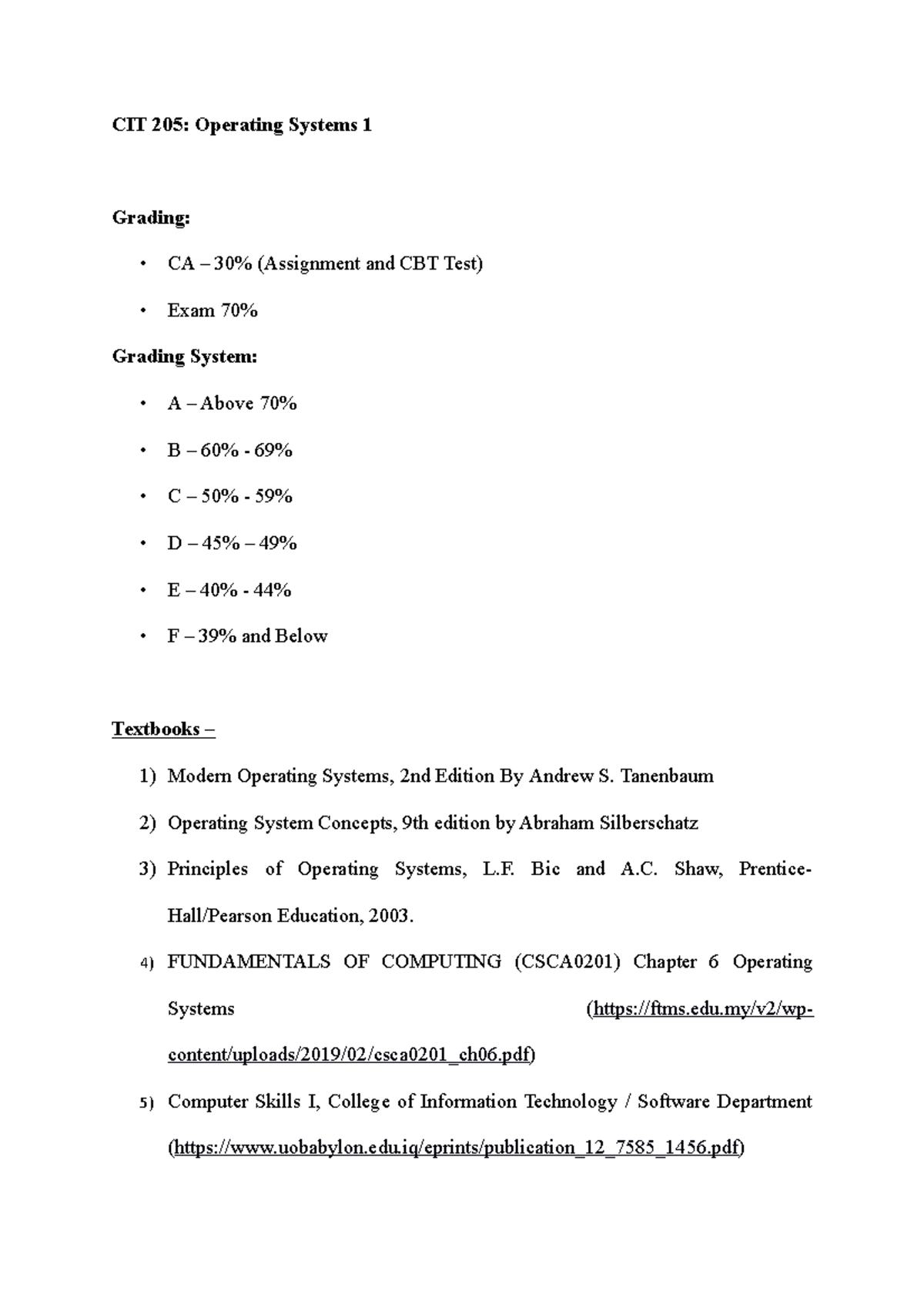 Operating System Note Updated-1 - CIT 205: Operating Systems 1 Grading ...