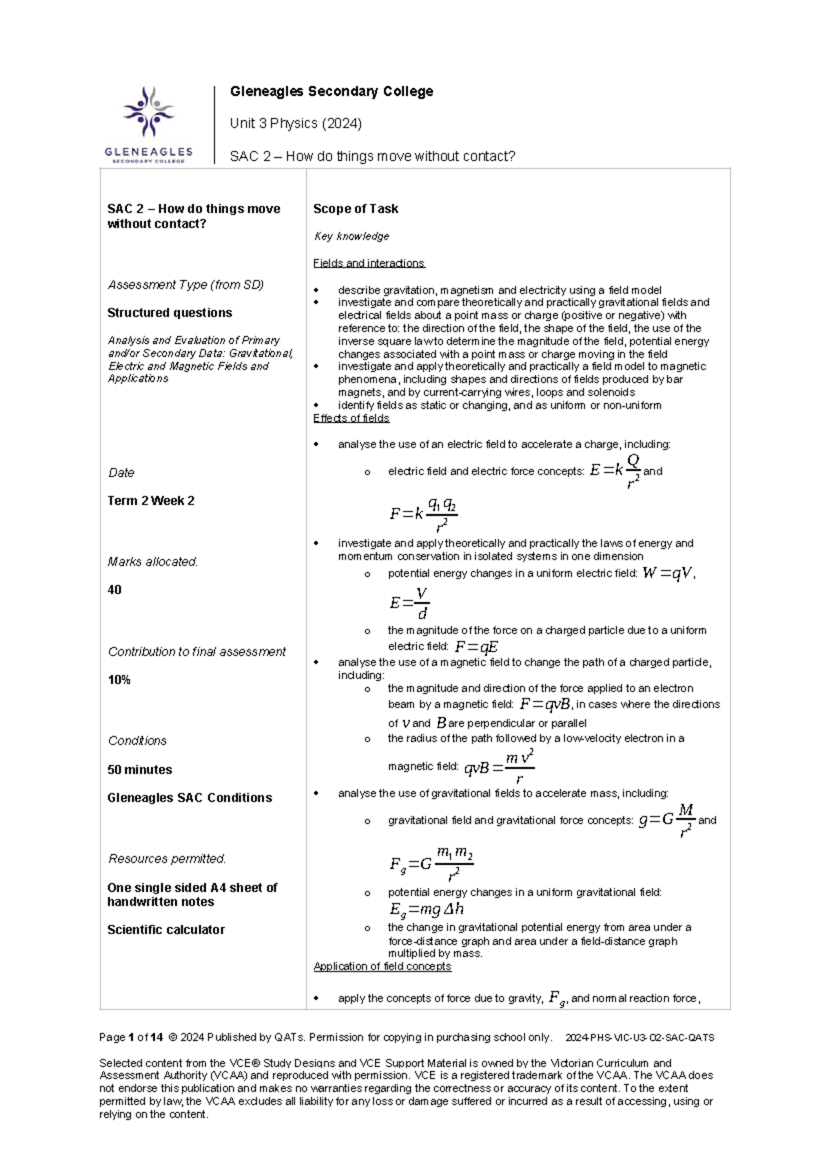Practice SAC 2 - SAC 2 – How do things move without contact? Assessment ...