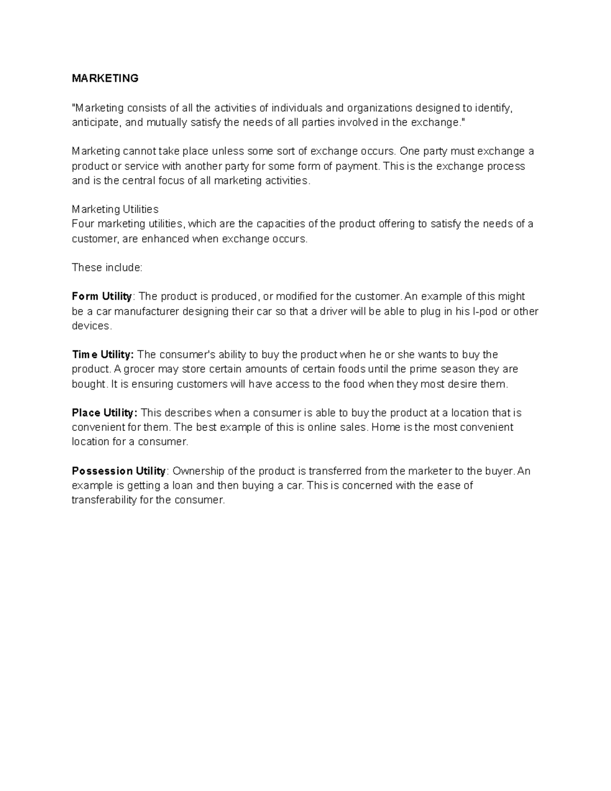 Mrkting utility -1 - There are four marketing utilities , which are the ...