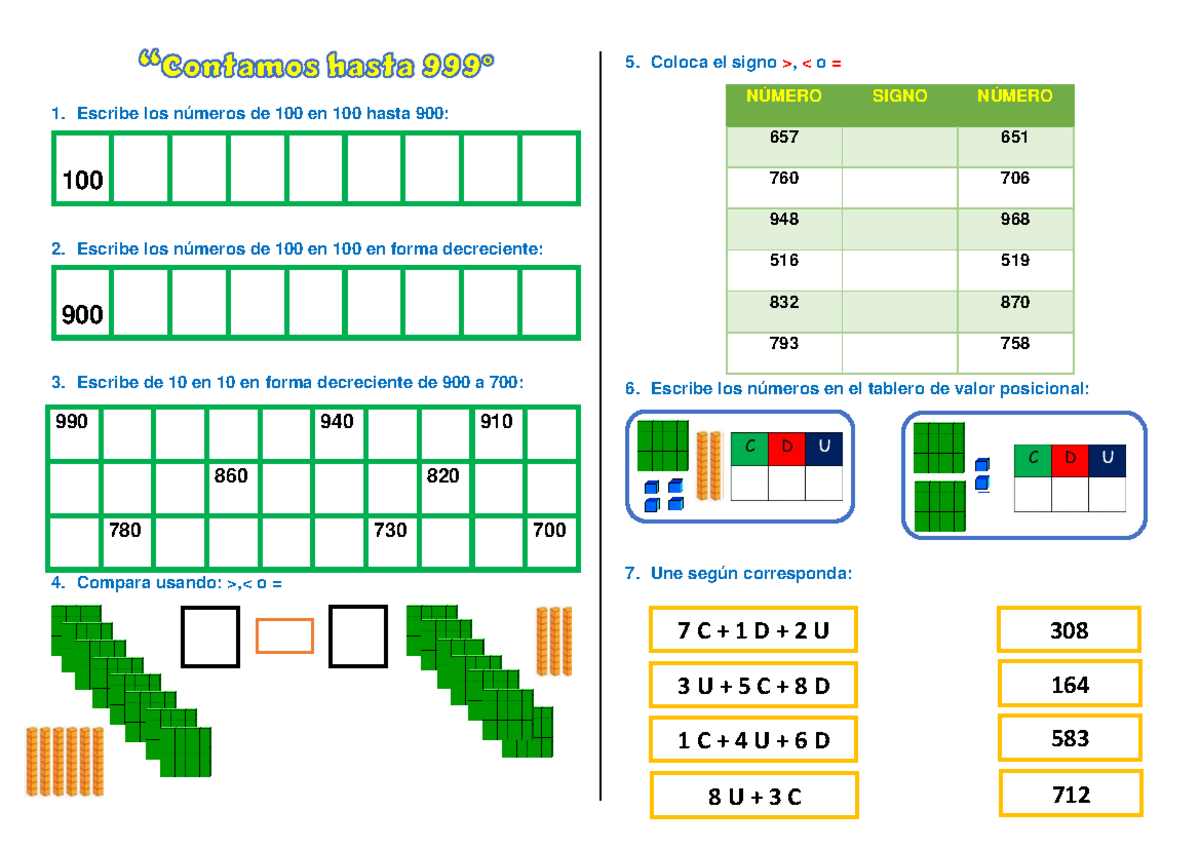 Contamos hasta 999 - FICHA DE APLICACION - 1. Escribe los números de ...