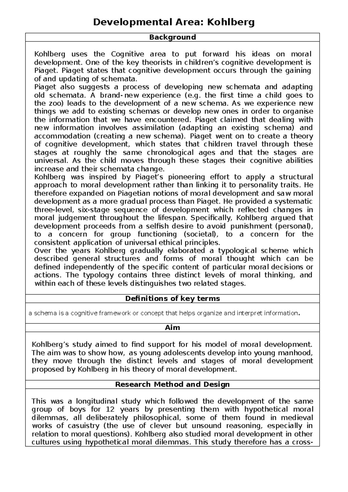 Kohlberg summary - Developmental Area: Kohlberg Background Kohlberg ...