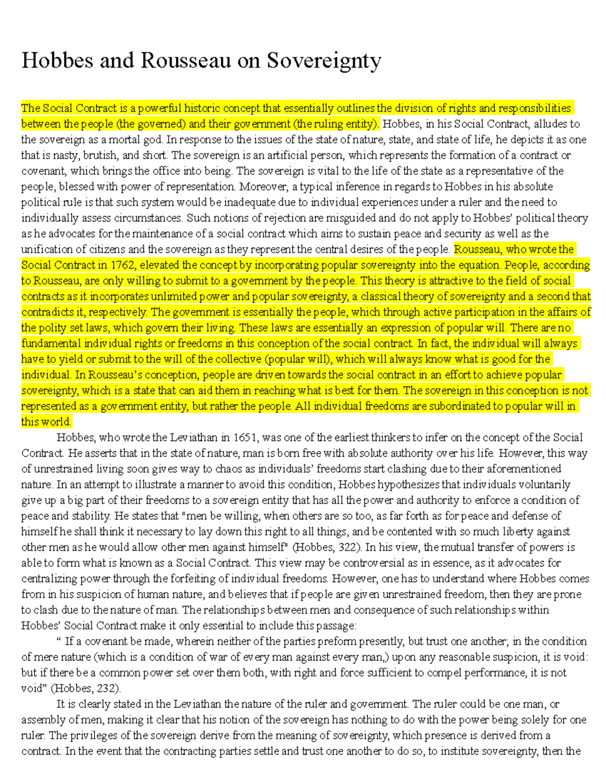 Hobbes and Rousseau on Sovereignty - Hobbes, in his Social Contract ...