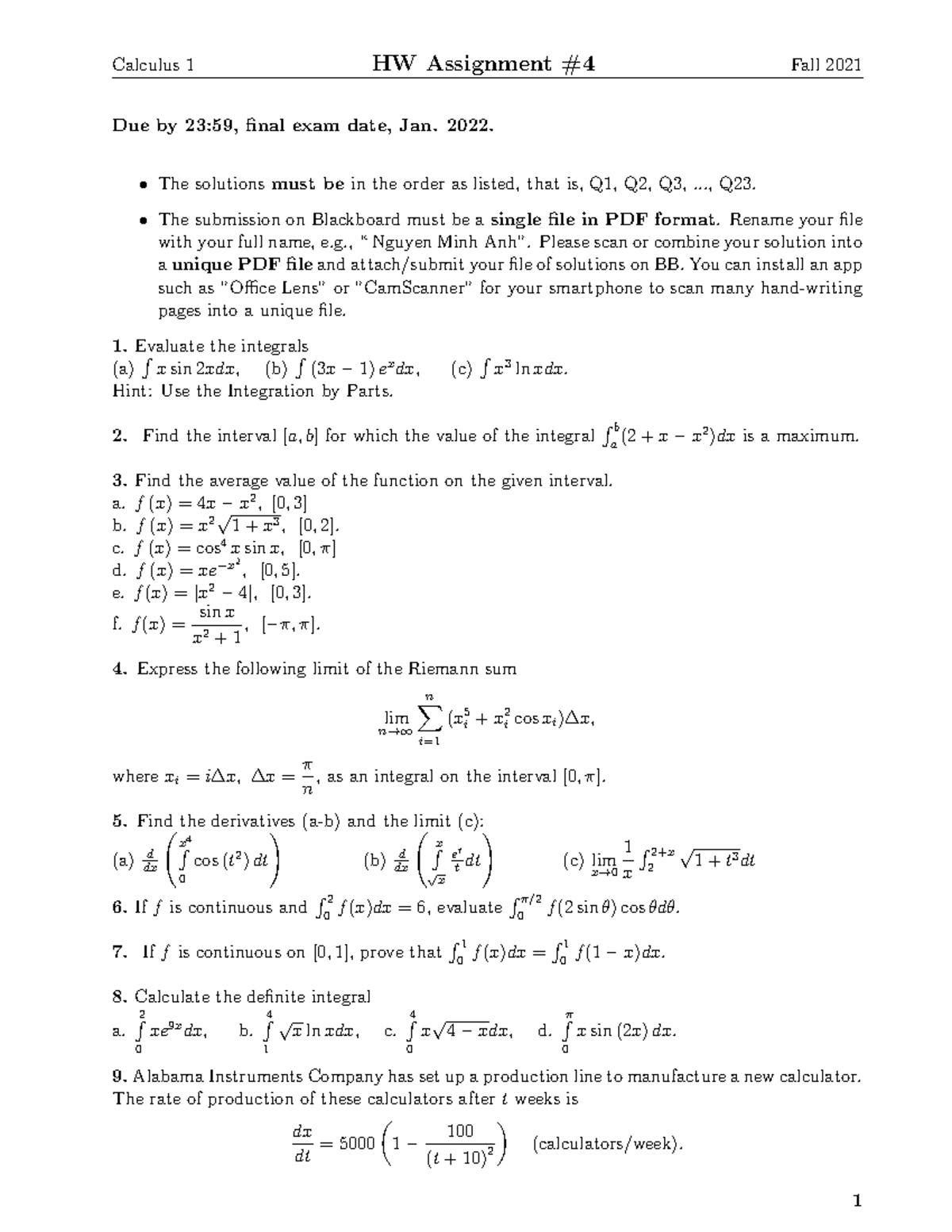 HW-4 - HW4 - Due by 23:59, final exam date, Jan. 2022. The solutionsmust bein the order as ...