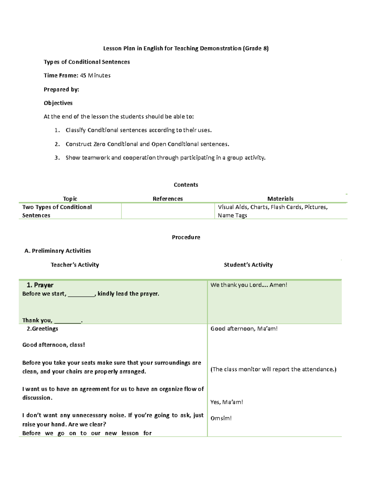 Lesson Plan Conditional Sentences - Lesson Plan in English for Teaching ...