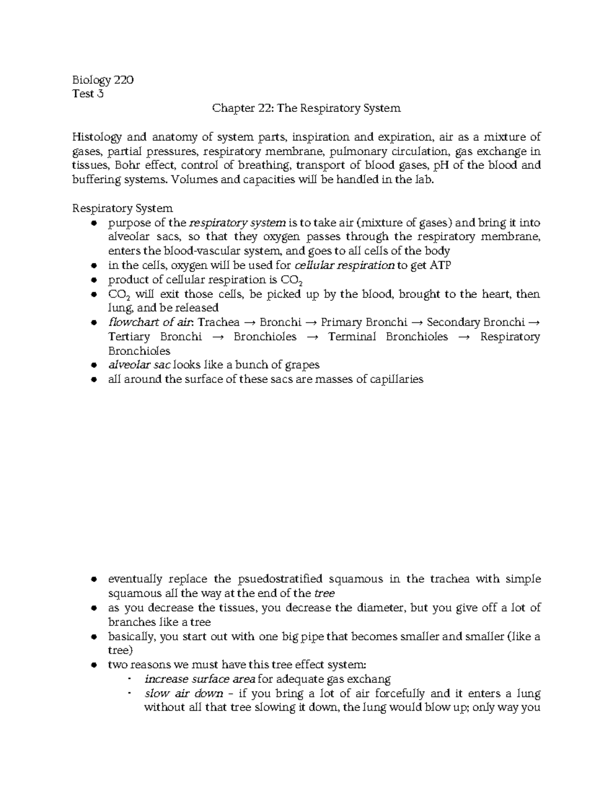 anatomy notes chapter 22 - Biology 220 Test 3 Chapter 22: The ...