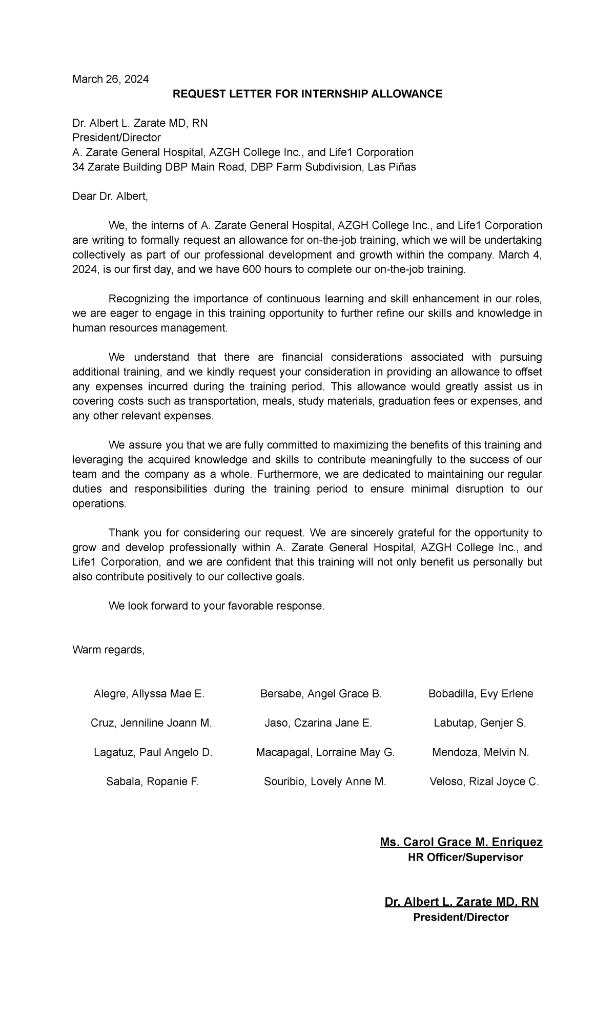 Allowance-Request - March 26, 2024 REQUEST LETTER FOR INTERNSHIP ...