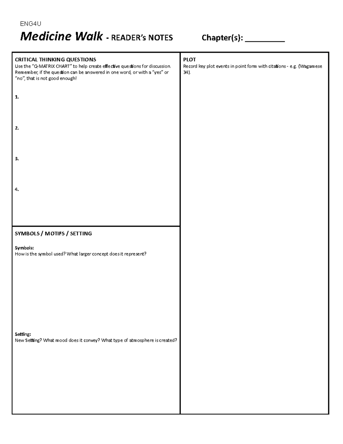 Copy of Medicine Walk - Reader’s Notes Organizer - ENG4U Medicine Walk ...
