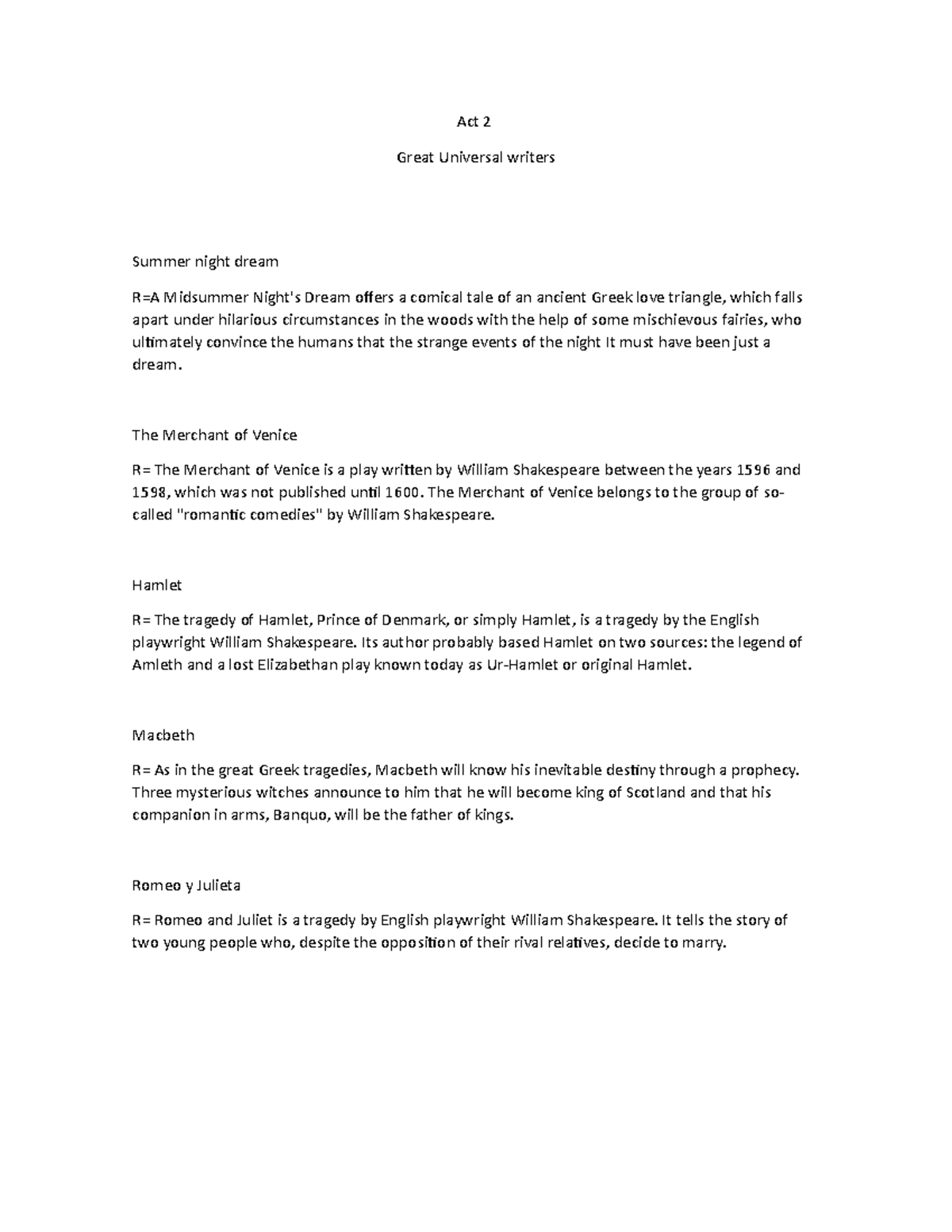 Act 2 Universal Writers - Act 2 Great Universal writers Summer night ...