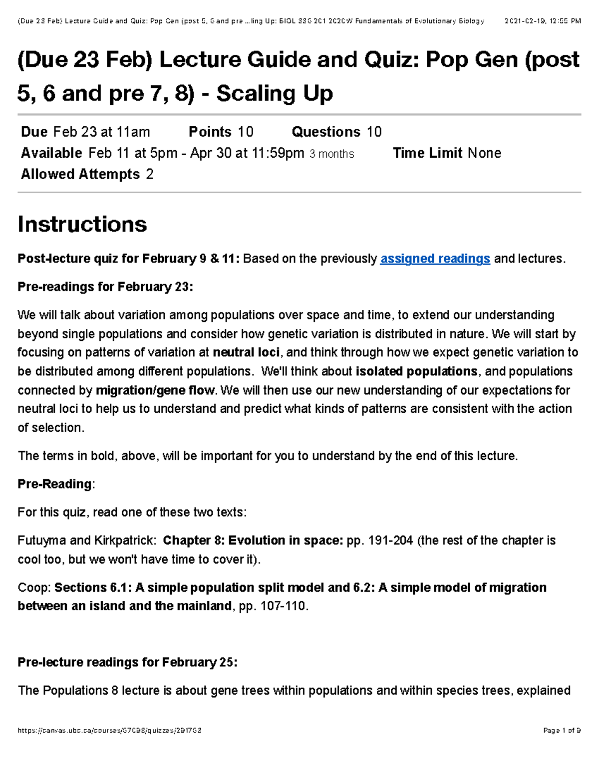 (Due 23 Feb) Lecture Guide and Quiz: Pop Gen (post 5, 6 and pre 7, 8 ...
