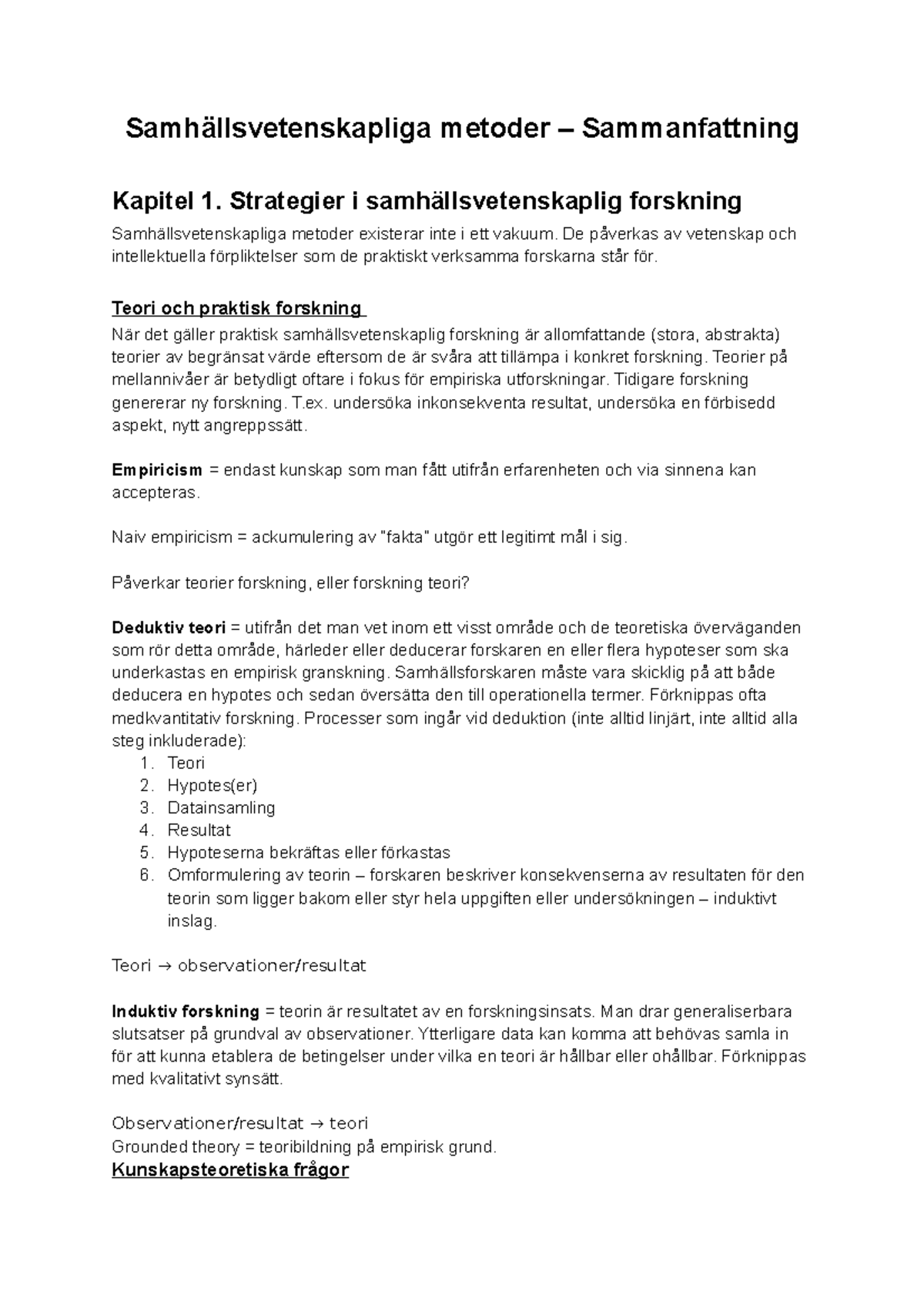 Bryman-Sammanfattning - Samhällsvetenskapliga metoder – Sammanfattning Kapitel 1. Strategier i ...